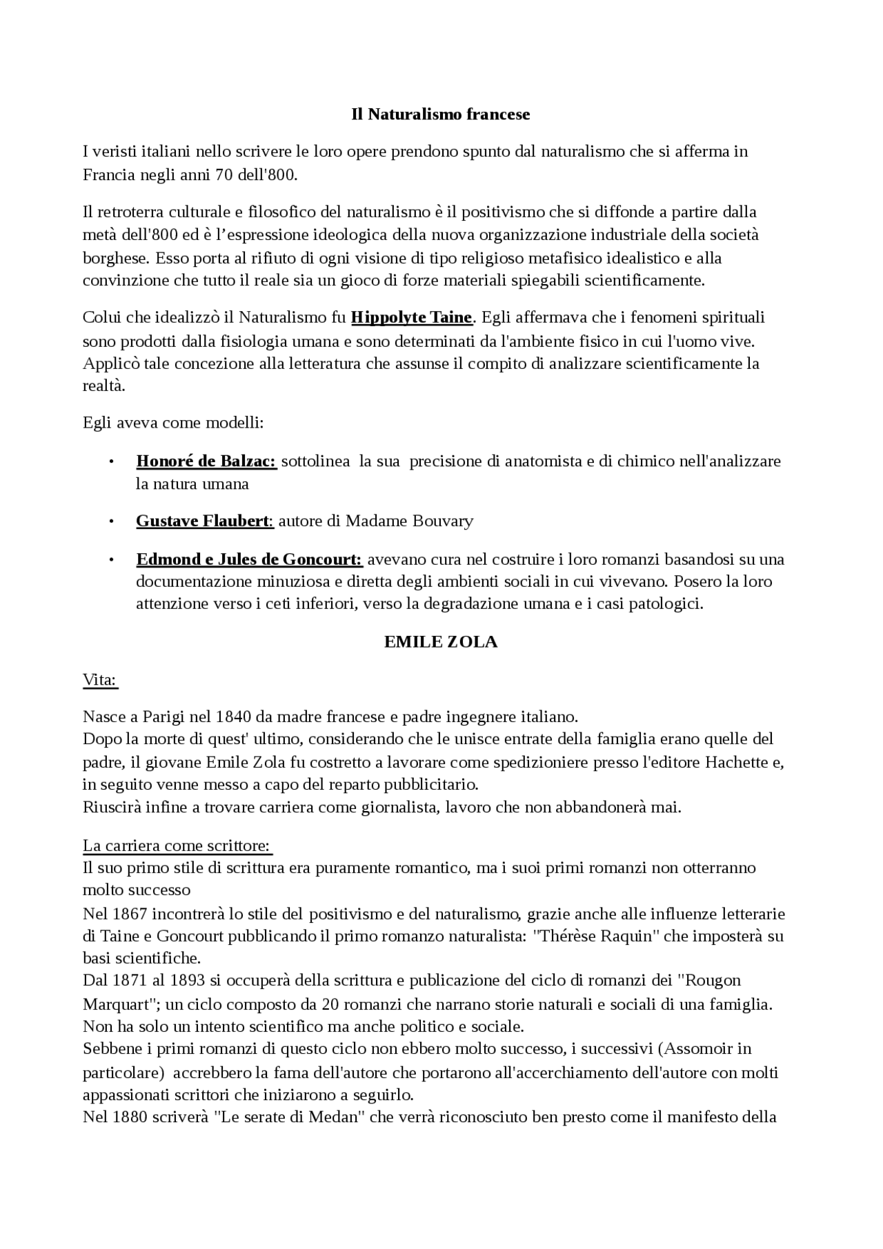 Naturalismo Francese Riassunto Docsity