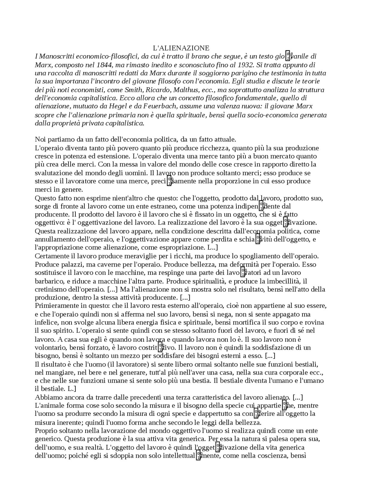 Marx, L'Alienazione. Esame di storia della filosofia. - Docsity