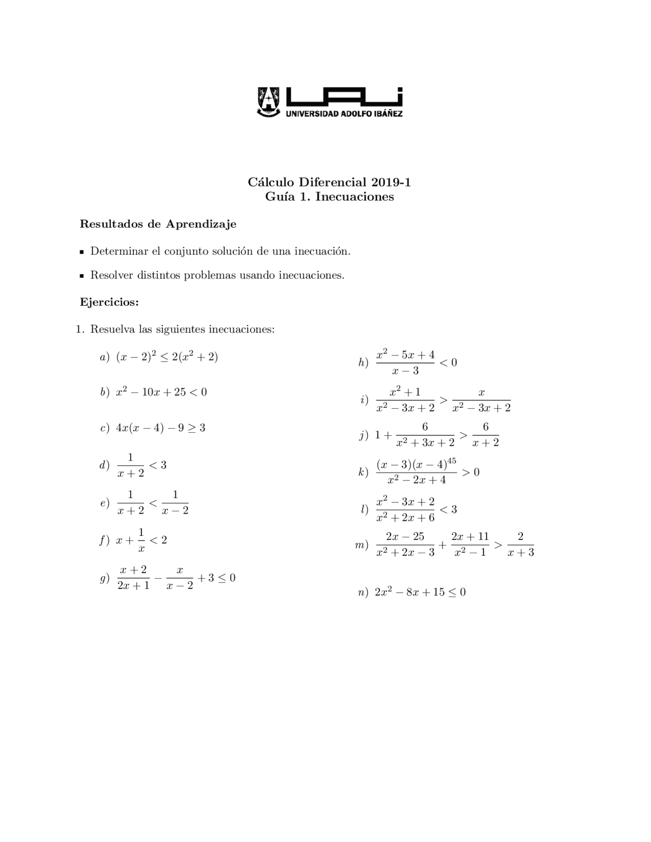 Guia Inecuaciones, Calculo diferencial, UAI 2019 | Ejercicios de Cálculo diferencial y integral ...