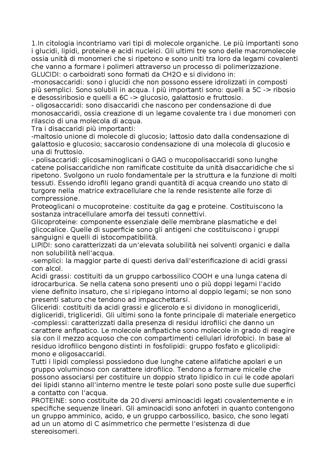 Riassunti CITOLOGIA - capitolo 1 e 2 - Docsity