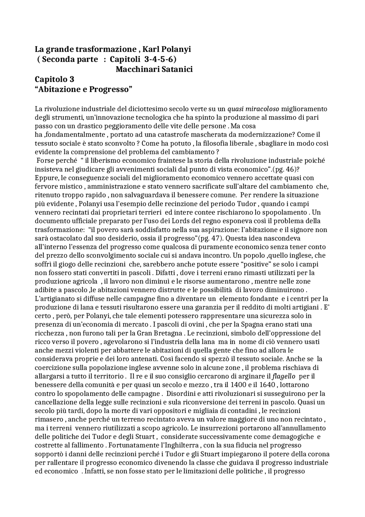 La Grande Trasformazione Karl Polanyi Capitoli 3 4 5 6 Docsity