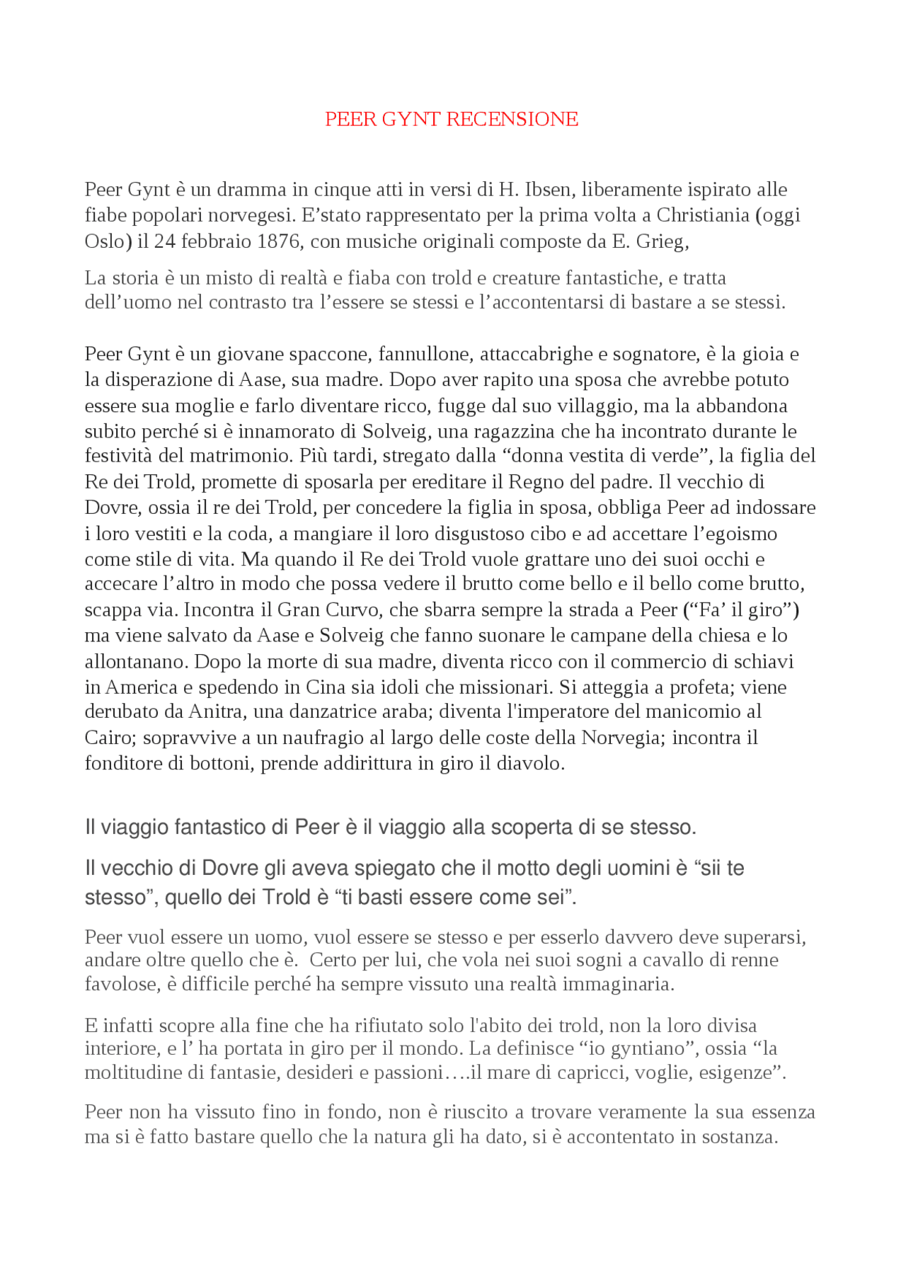 Recensione Peer Gynt Di Ibsen Prove Desame Di Italiano Docsity