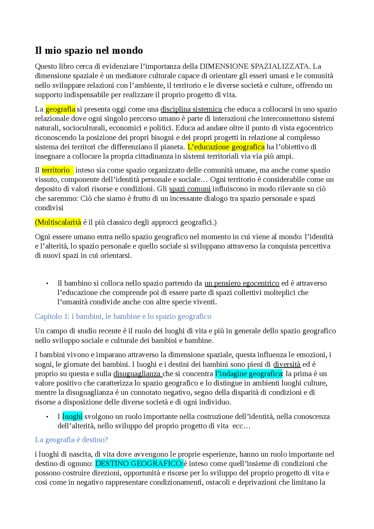 Riassunto libro il mio spazio - Docsity