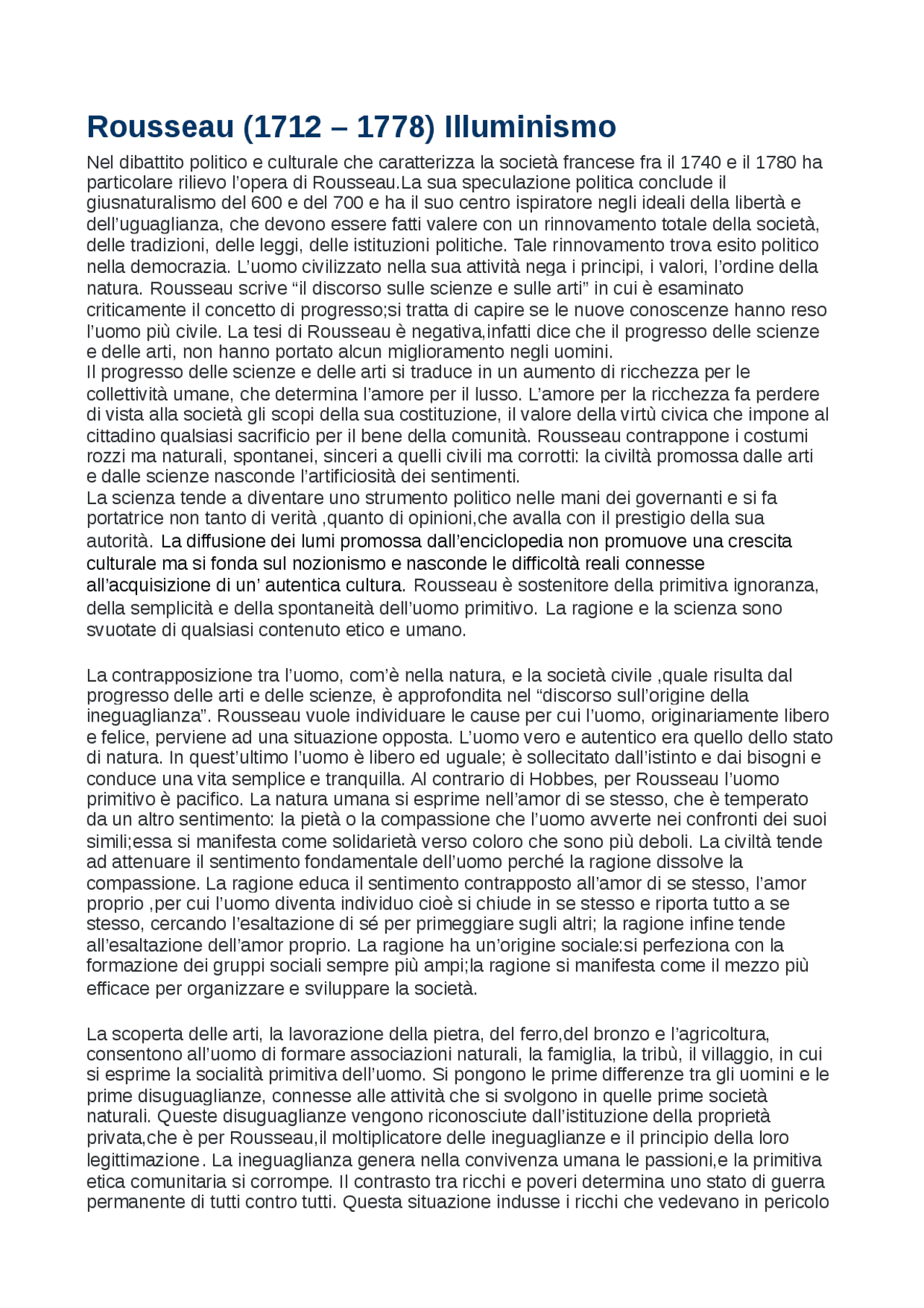 Riassunto Di Rousseau Docsity