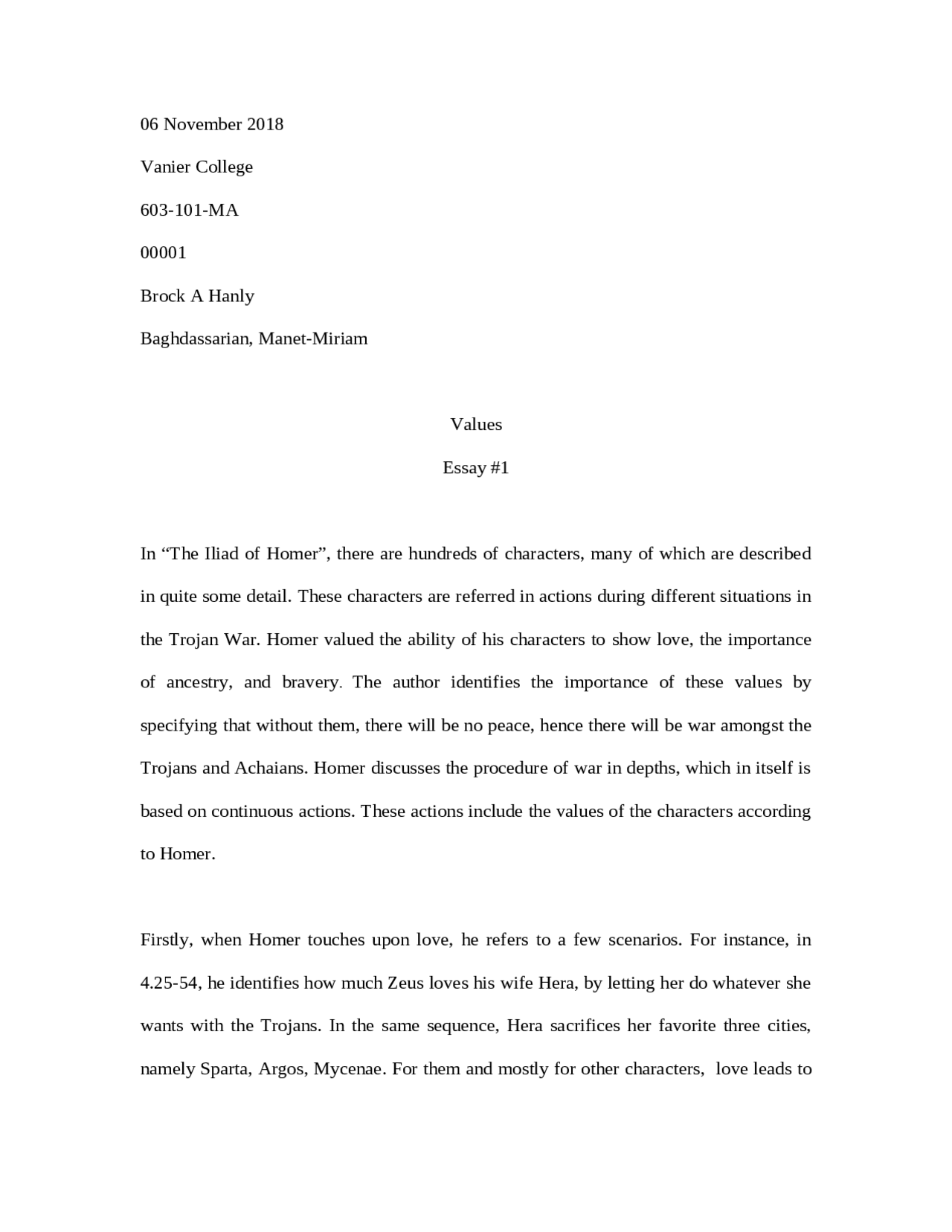 Essay The Iliad Of Homer Values Docsity