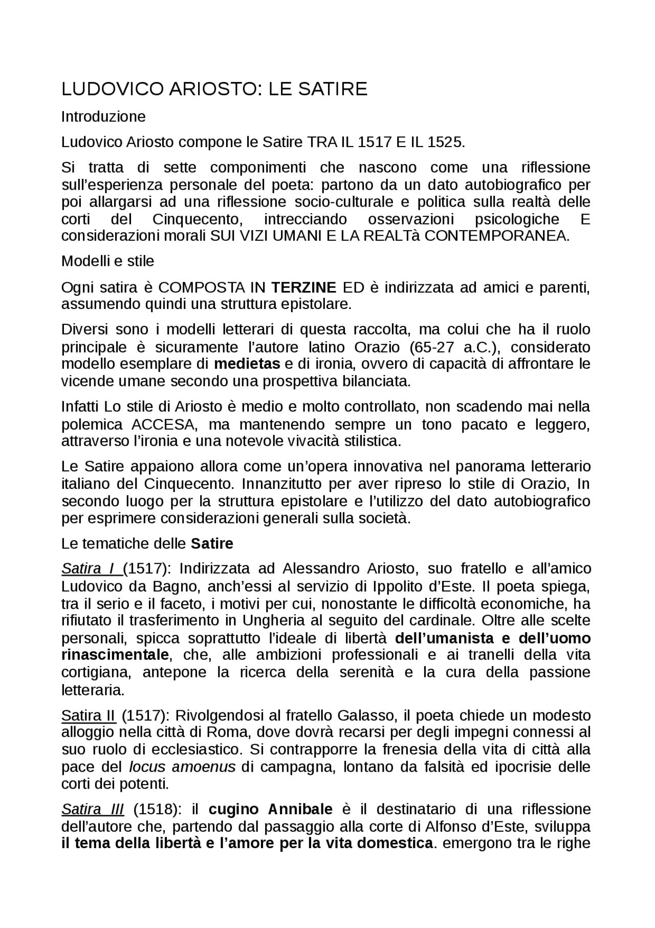 Sintesi Su Le Satire Di Ludovico Ariosto Docsity