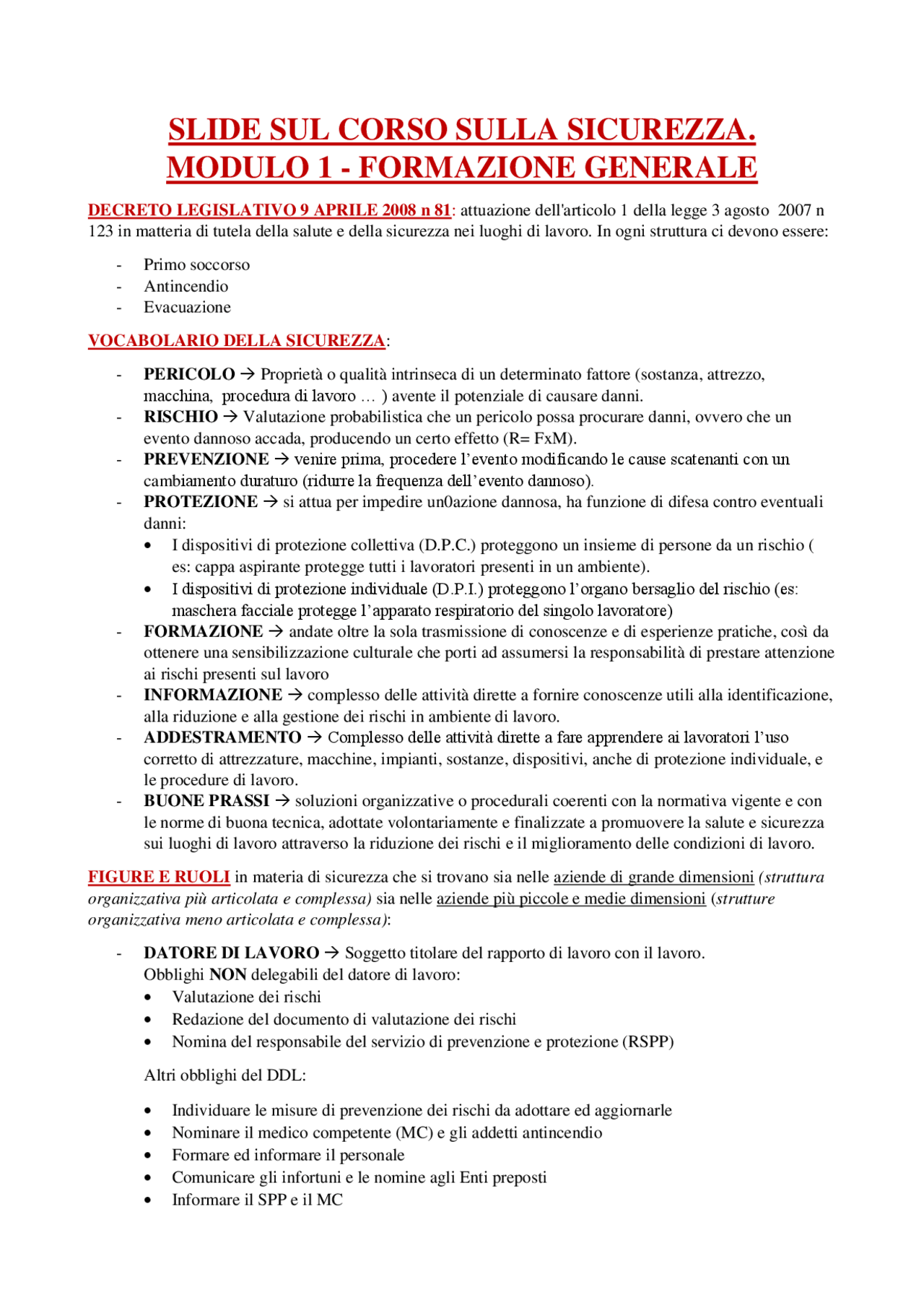 Corso sulla sicurezza. Modulo 1. Formazione Generale | Appunti di Impianti Industriali e ...