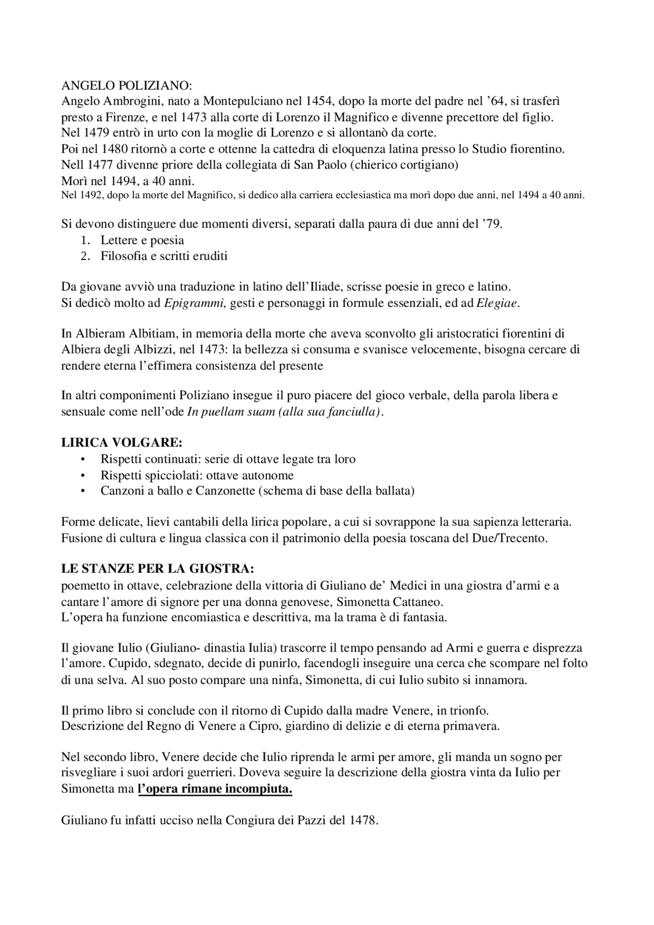 Angelo Poliziano Completo Docsity