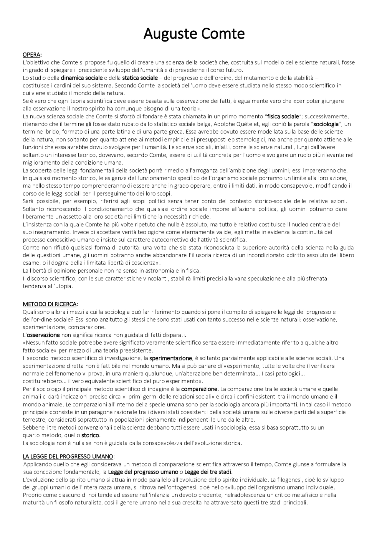 Riassunto Sul Pensiero Di Comte Docsity