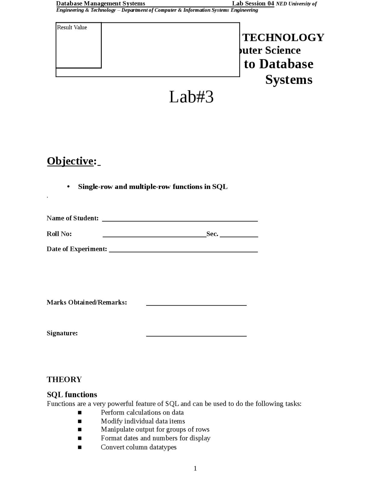 Intro To Database Lab Manual 3 Docsity