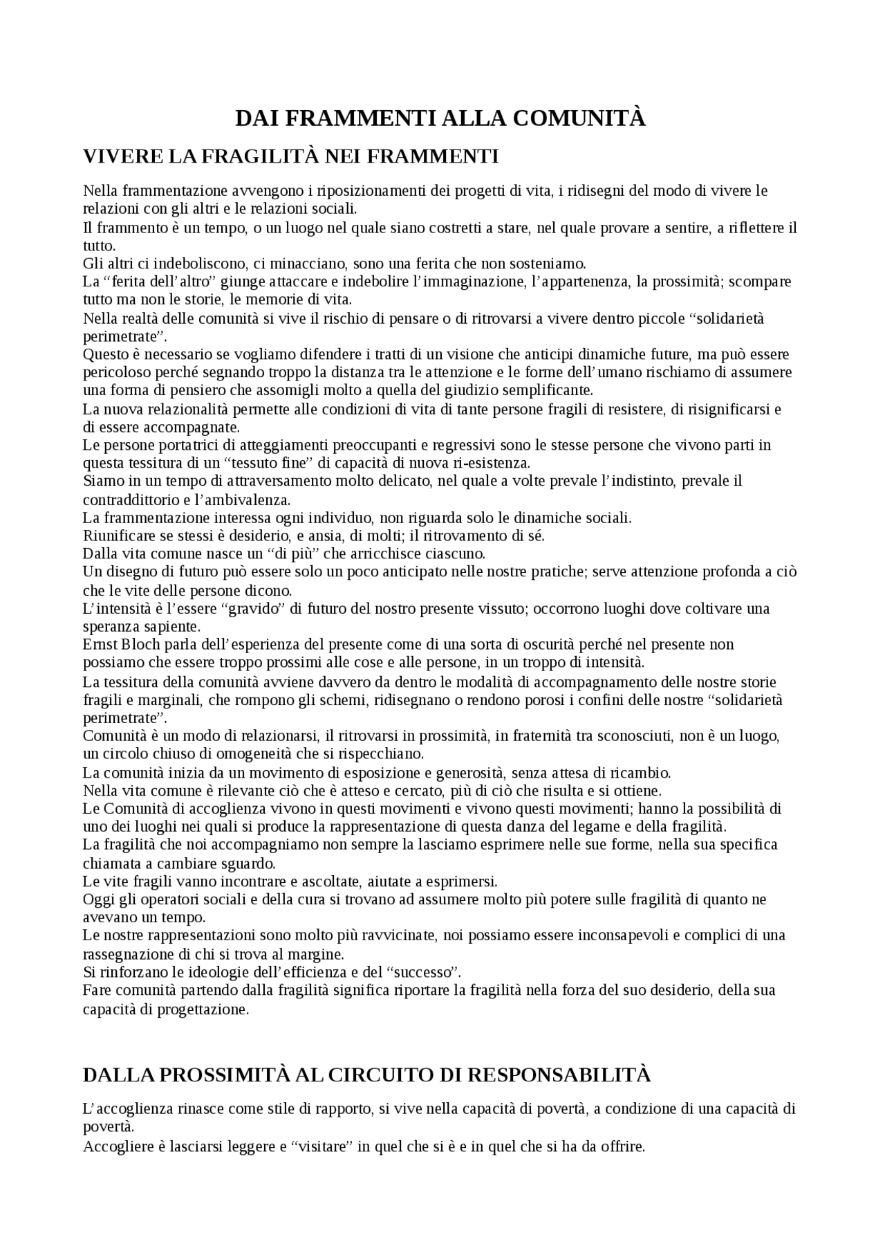 Riassunti Libro Vita Fragile Vita Comune Di Lizzola Docsity