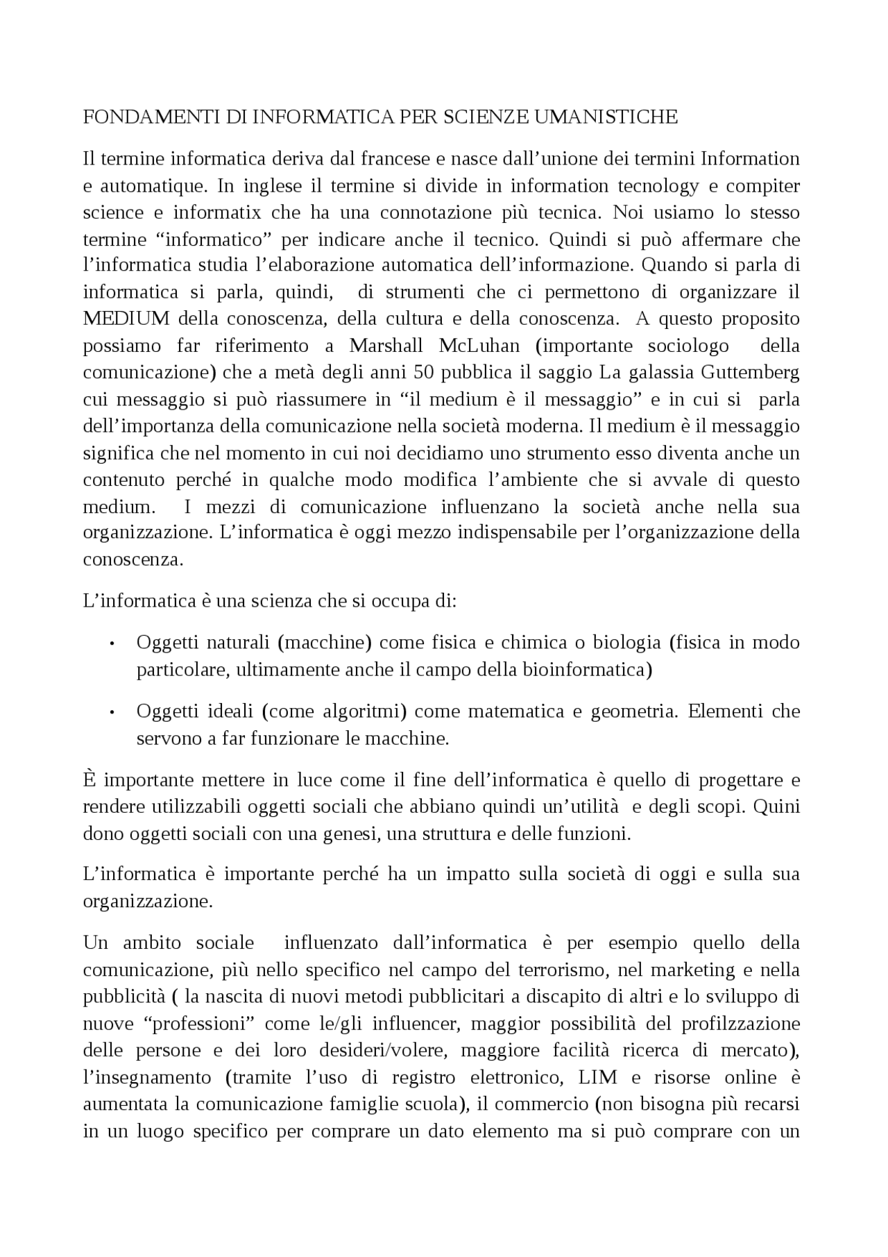 Fondamenti Di Informatica Per Le Scienze Umanistiche Docsity