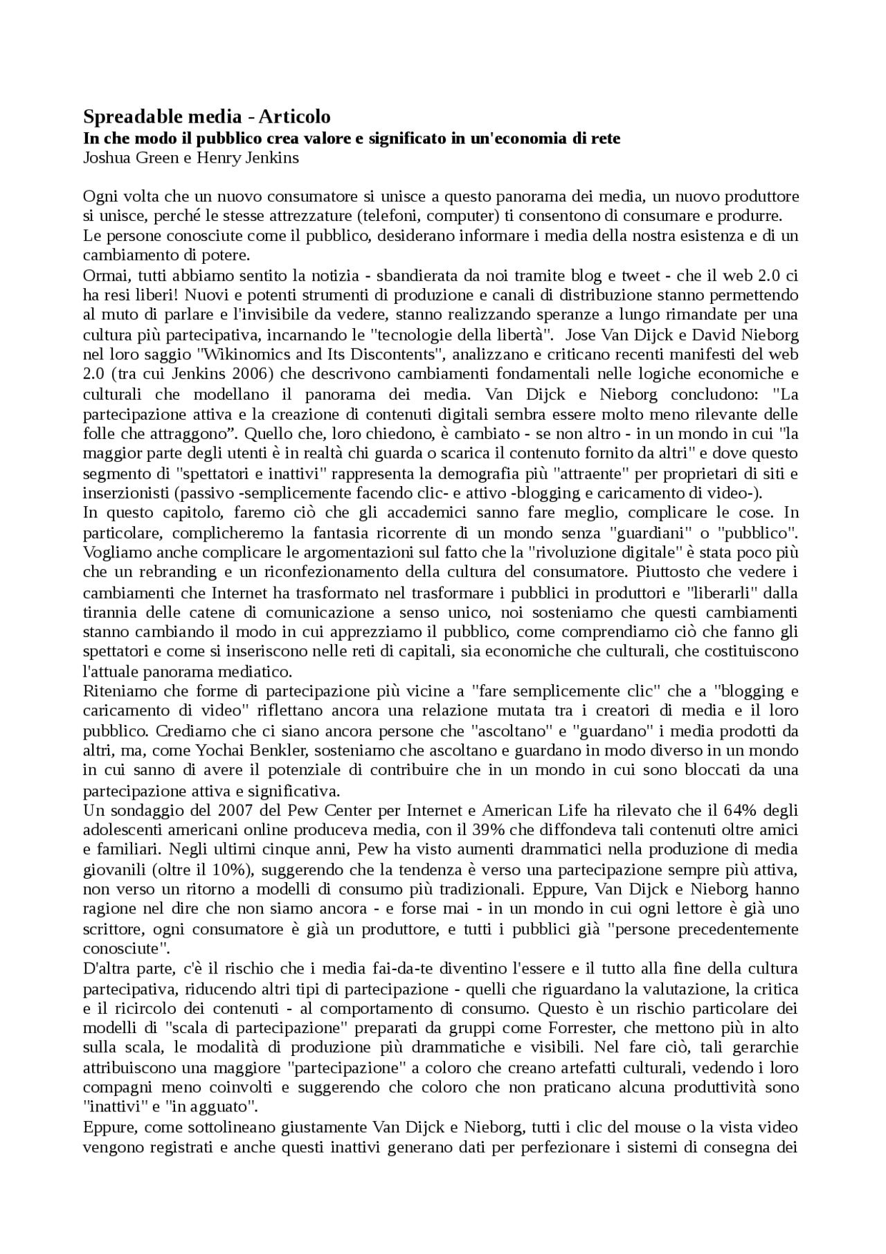 Spreadable Media Articolo Docsity