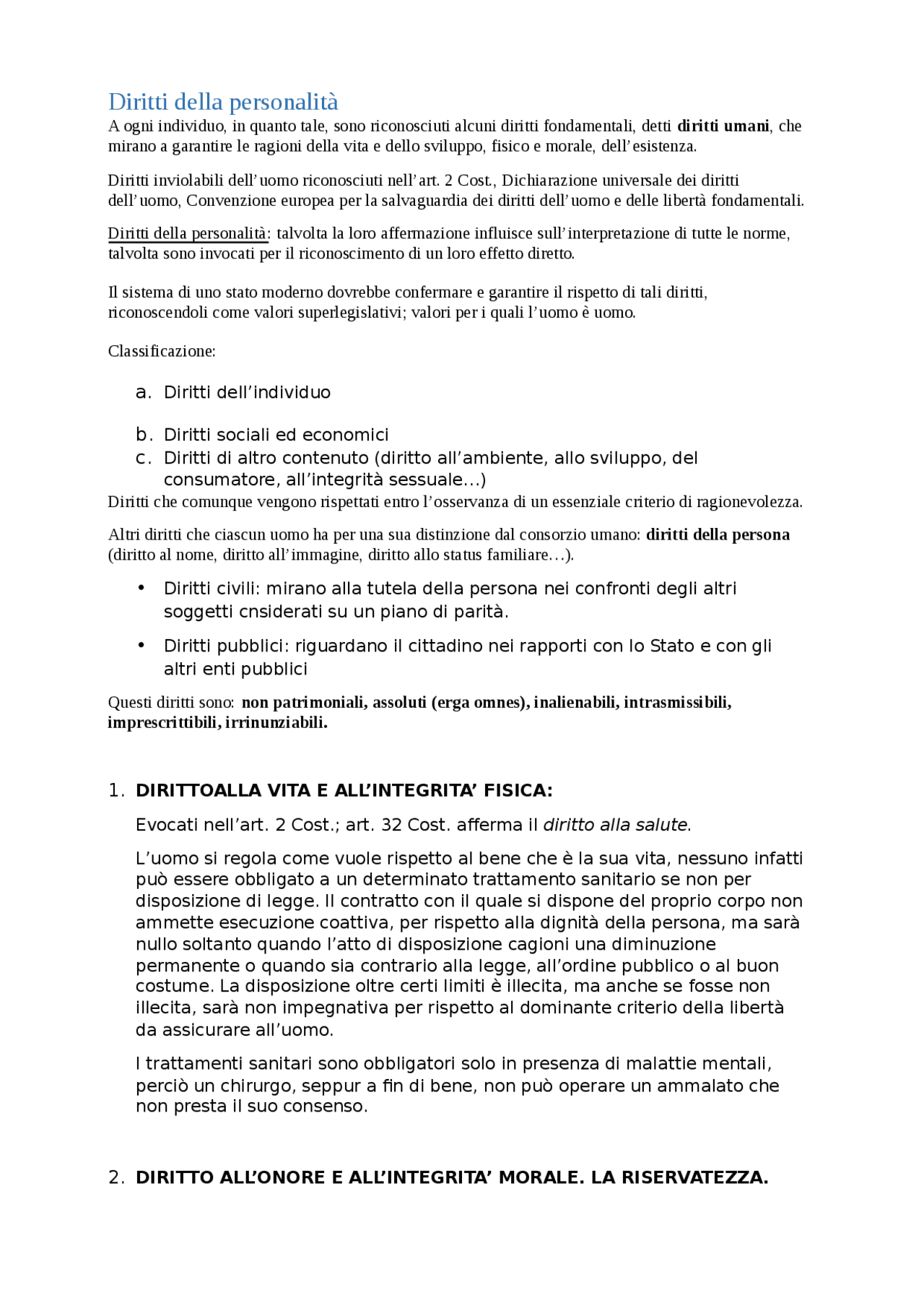 Diritti Della Personalità Sintesi Del Corso Di Diritto Privato Docsity
