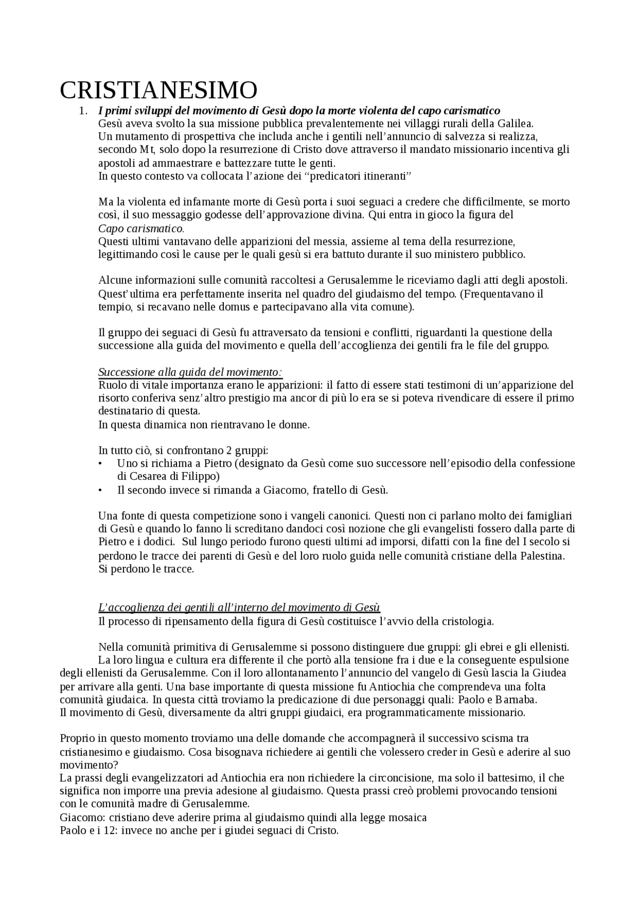 Sintesi Storia Cristianesimo Docsity