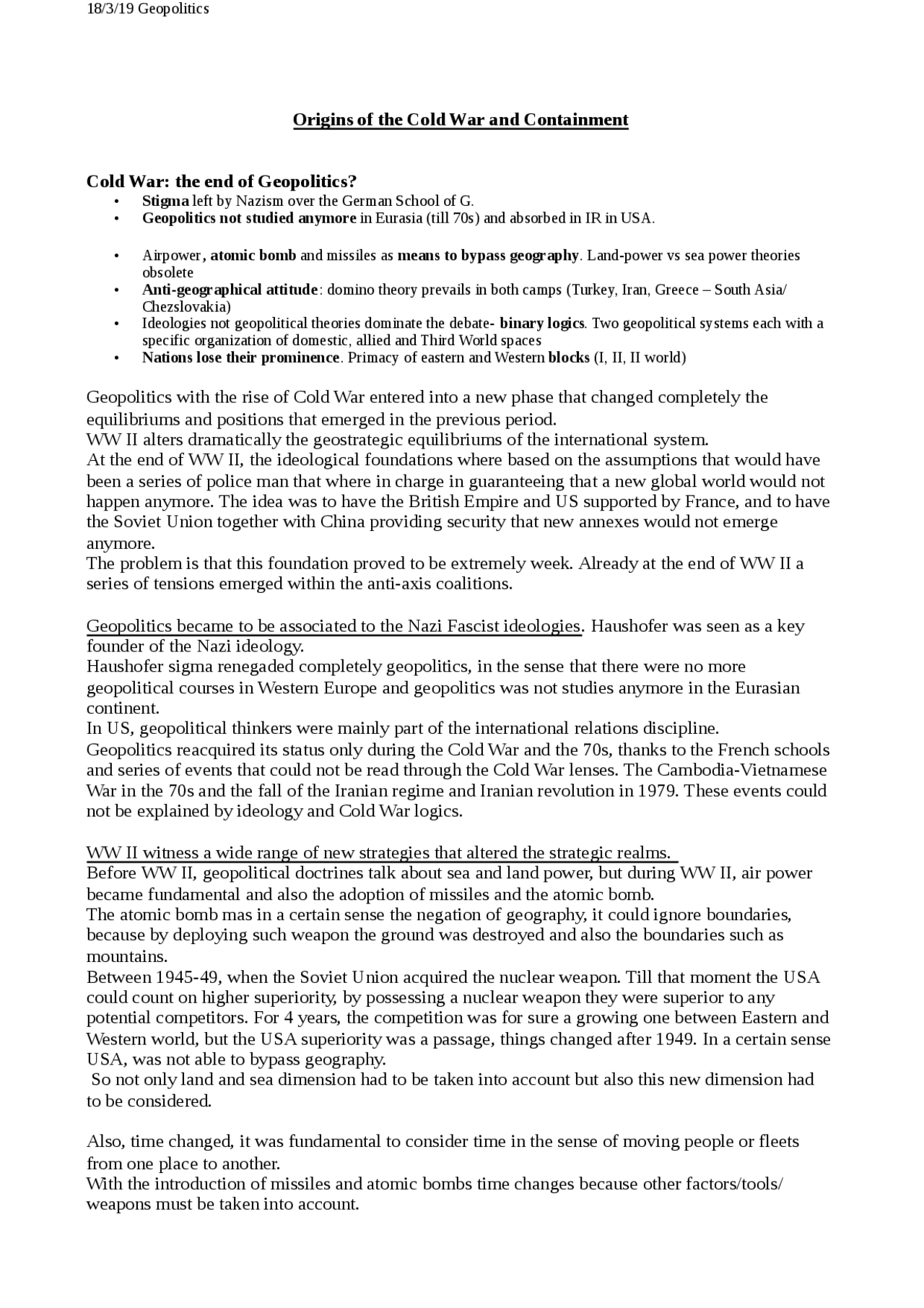 Origins of the Cold War and containment - Docsity