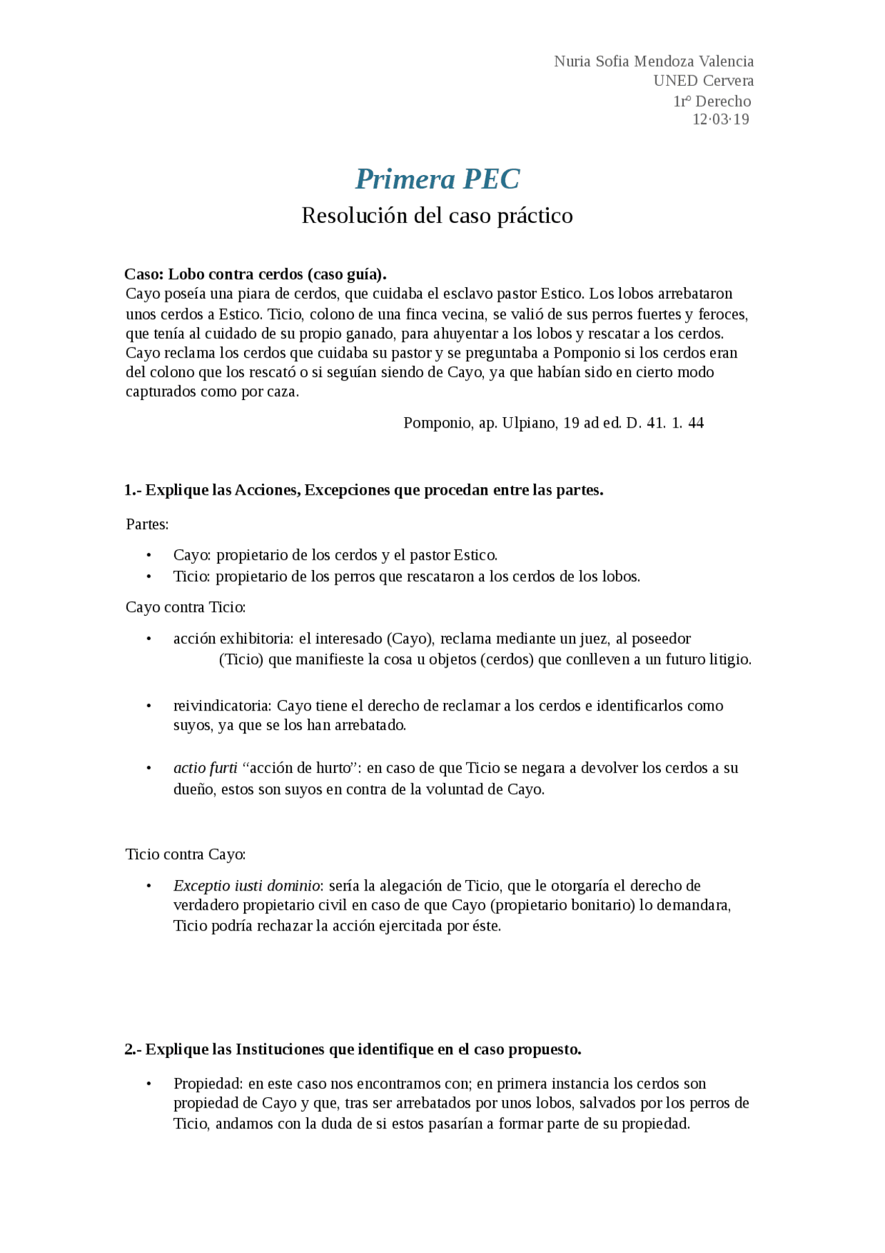 Derecho Romano Caso Práctico Docsity