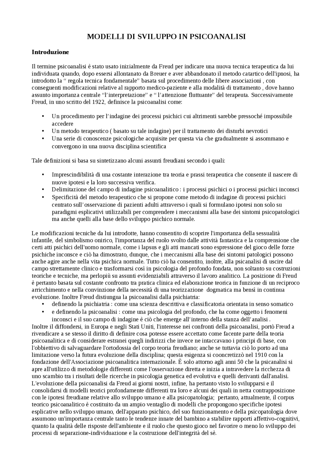 Riassunto Modelli Di Sviluppo In Psicoanalisi Docsity