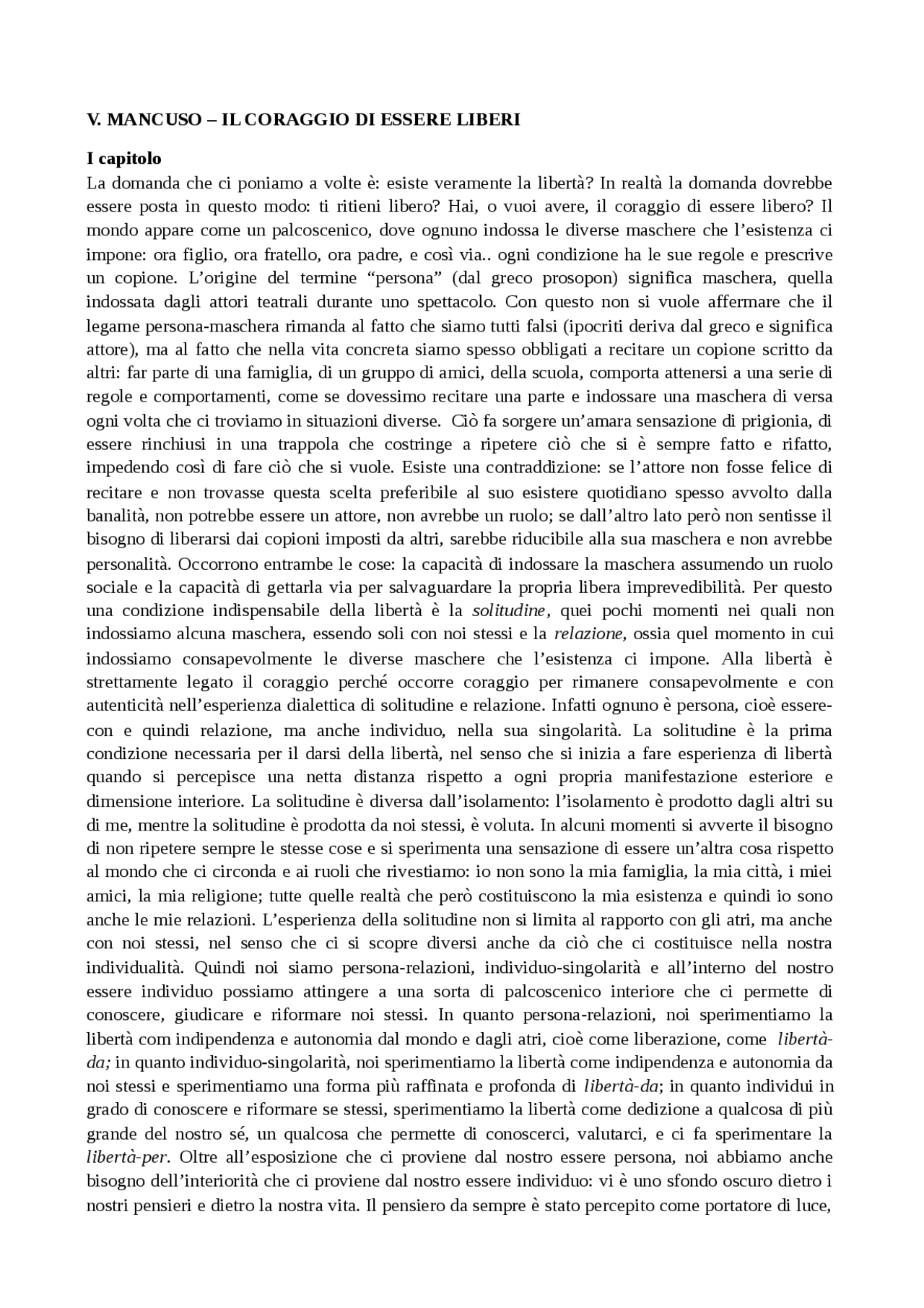 Il Coraggio Di Essere Liberi Mancuso Docsity