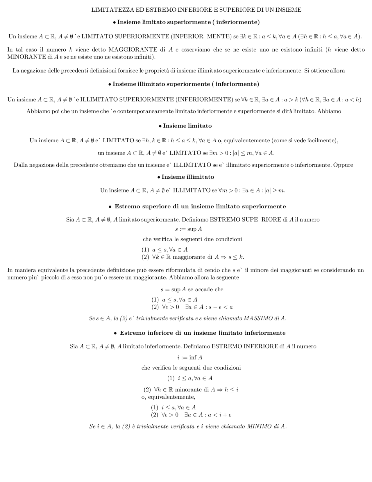 Riassunto Di Appunti E Teoremi Con Dimostrazione Analisi 1 Docsity
