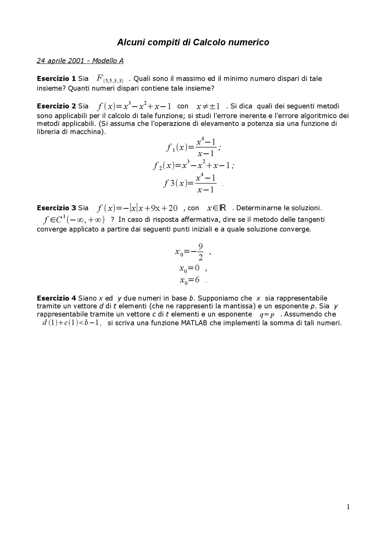 Compiti calcolo numerico 2001 - Docsity