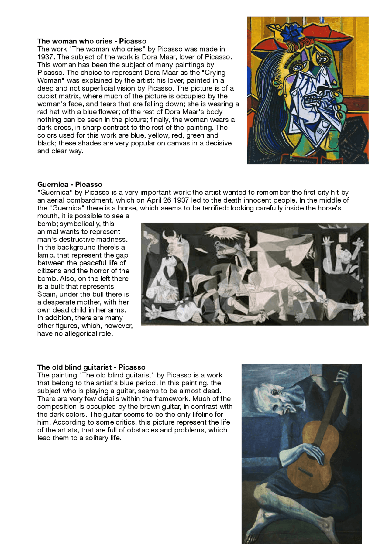 Pablo Picasso Opere Docsity