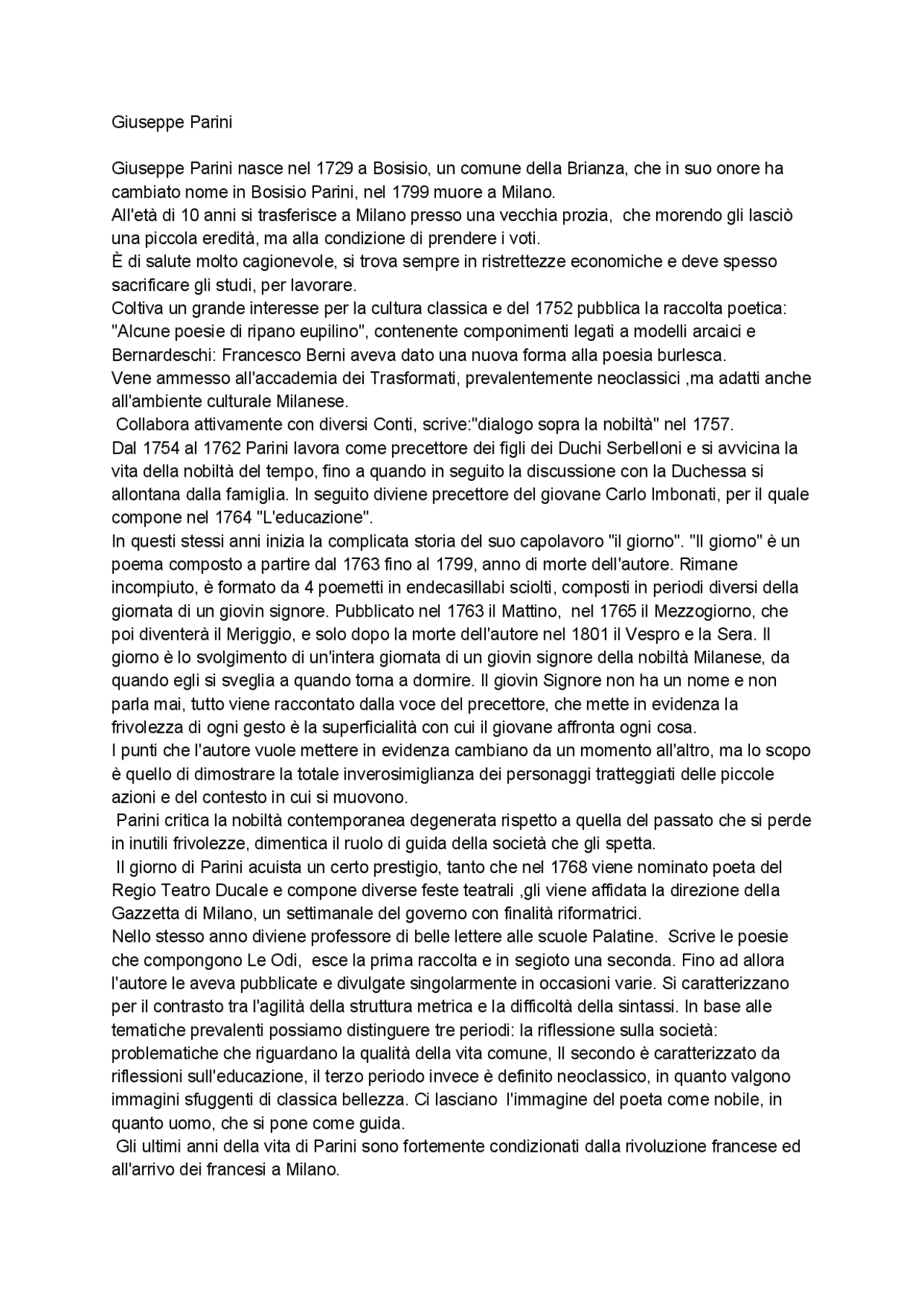 Giuseppe Parini Vita E Opere Appunti Di Italiano Docsity