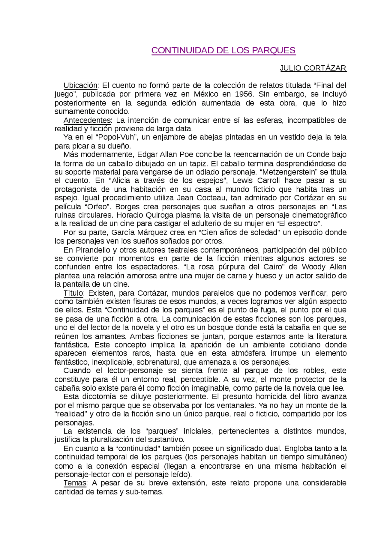 CONTINUIDAD DE LOS PARQUES - Julio Cortázar - Docsity