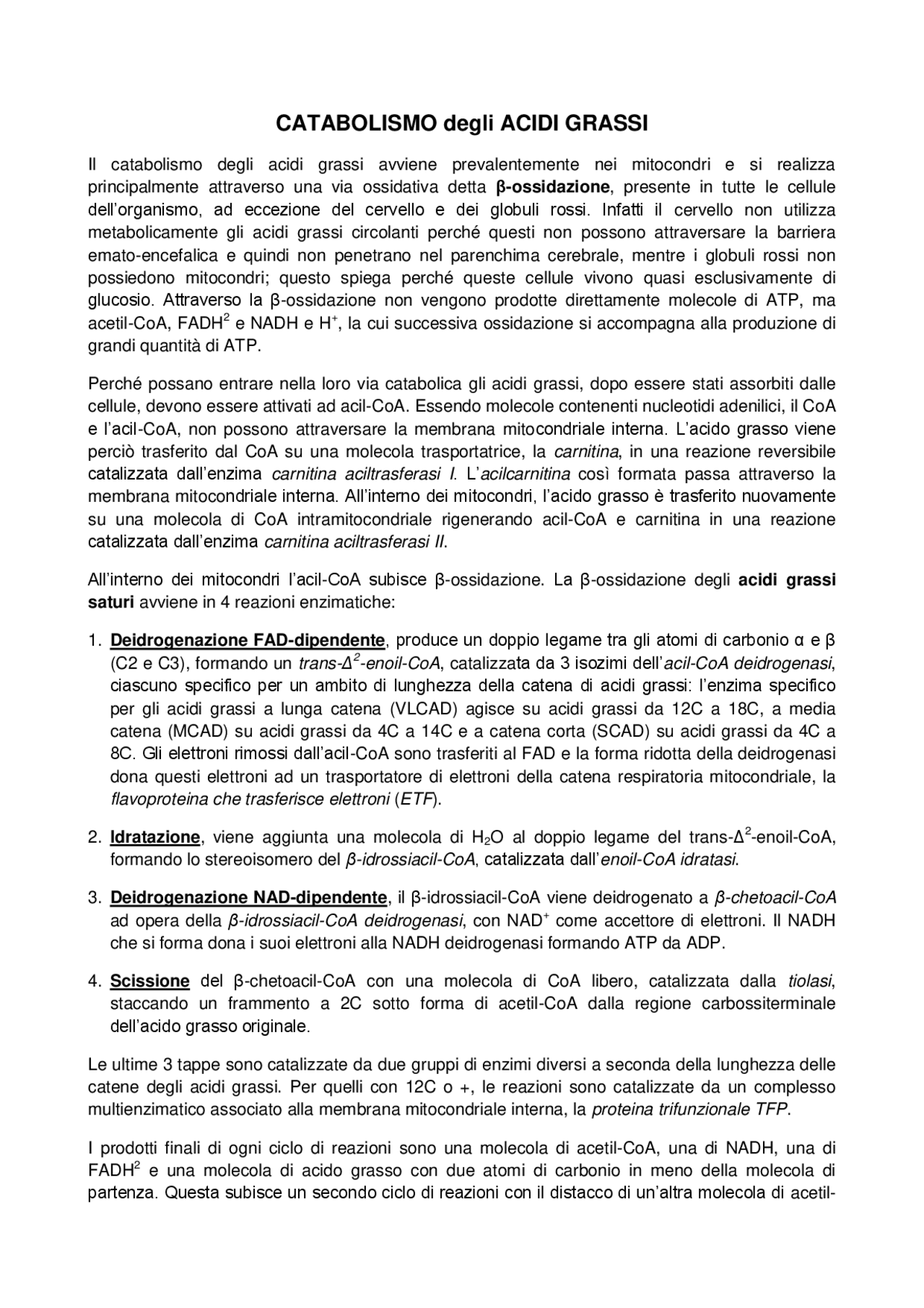 Biochimica Catabolismo Degli Acidi Grassi Docsity