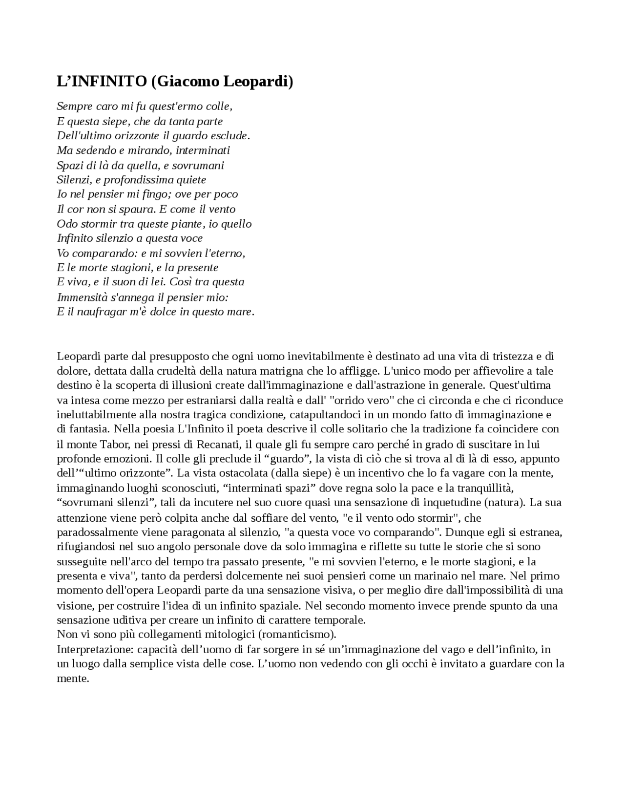 DESCRIZIONE POESIA L'INFINITO - Docsity