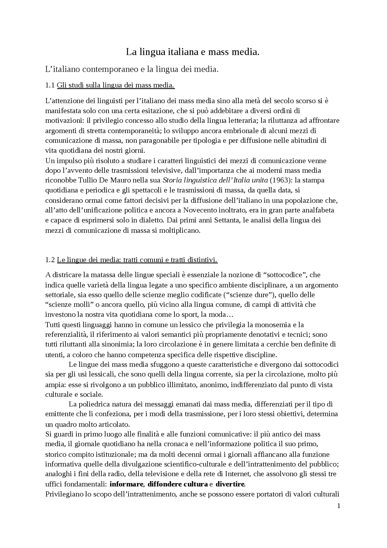 La Lingua Italiana E I Mass Media Docsity