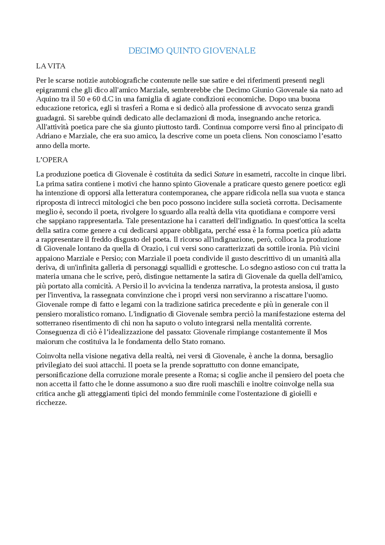 Vita E Opere Di Decimo Quinto Giovenale Docsity