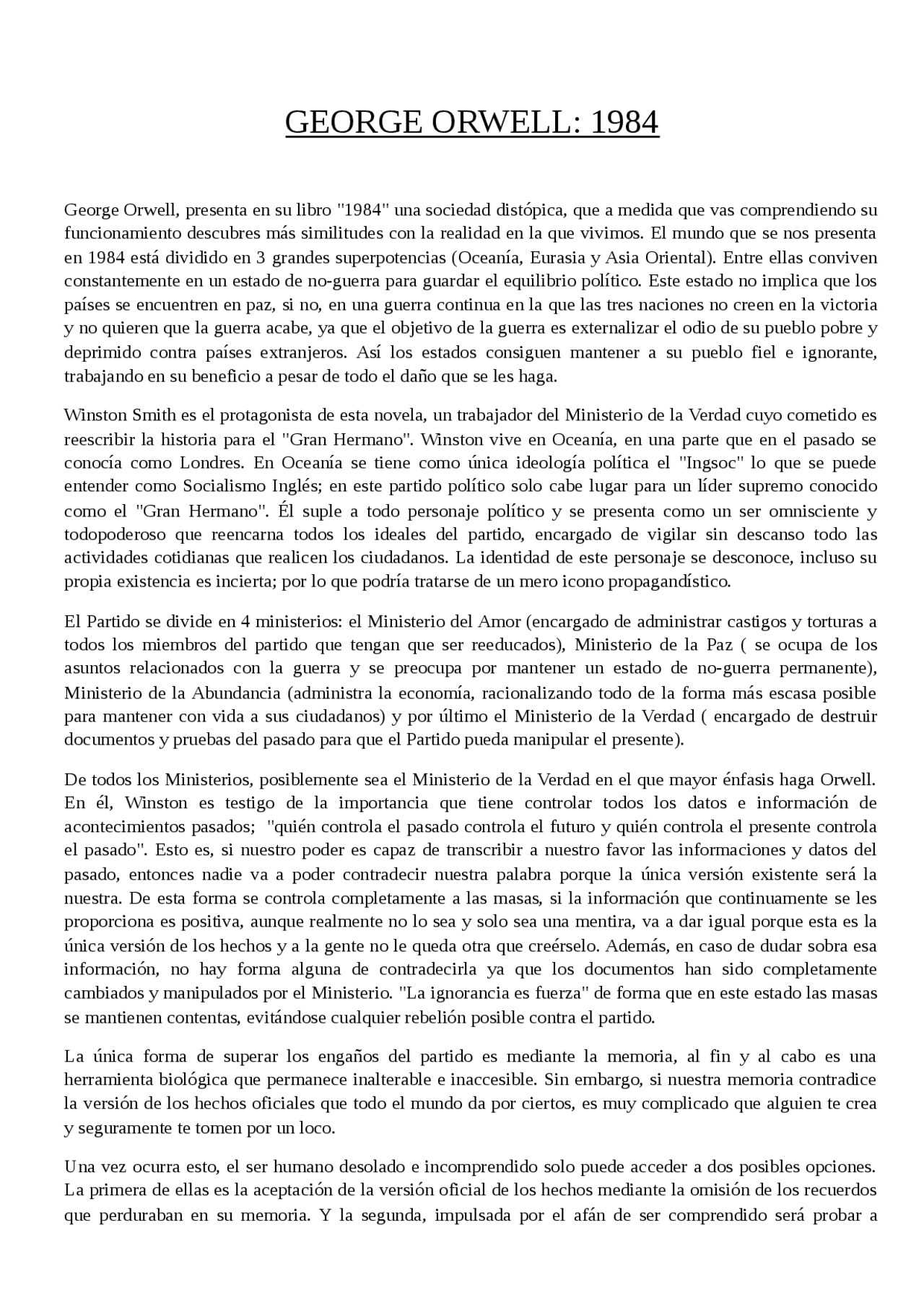 RESUMEN LIBRO "1984" GEORGE ORWELL - Docsity