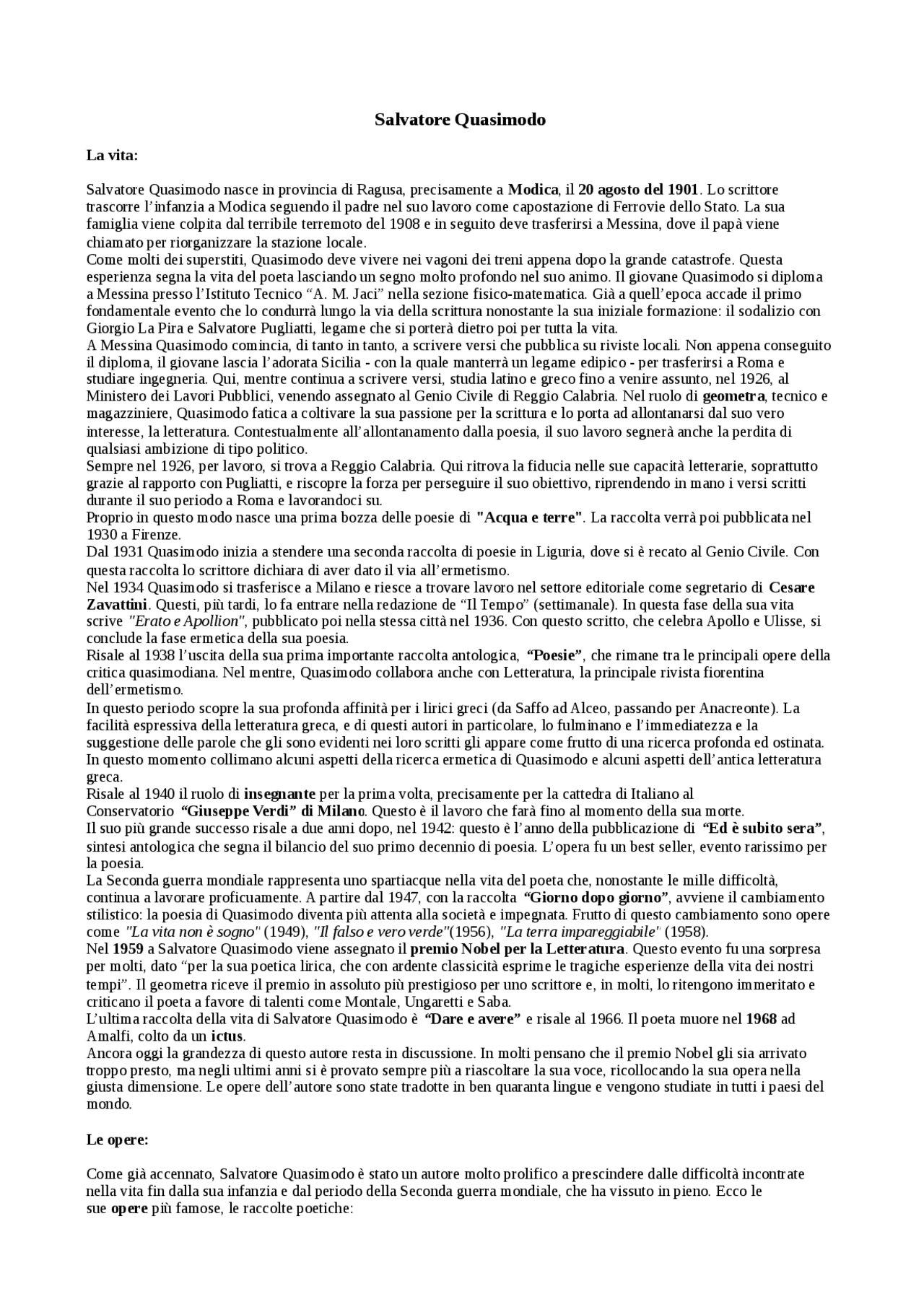 Salvatore Quasimodo Appunti Di Italiano Docsity