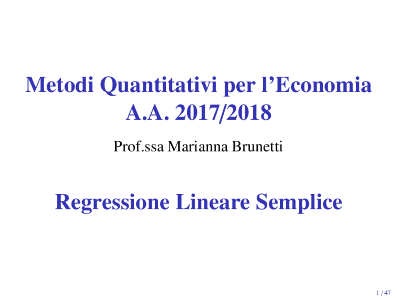 Regressione Lineare Semplice Dispense Di Metodi Statistici Per L
