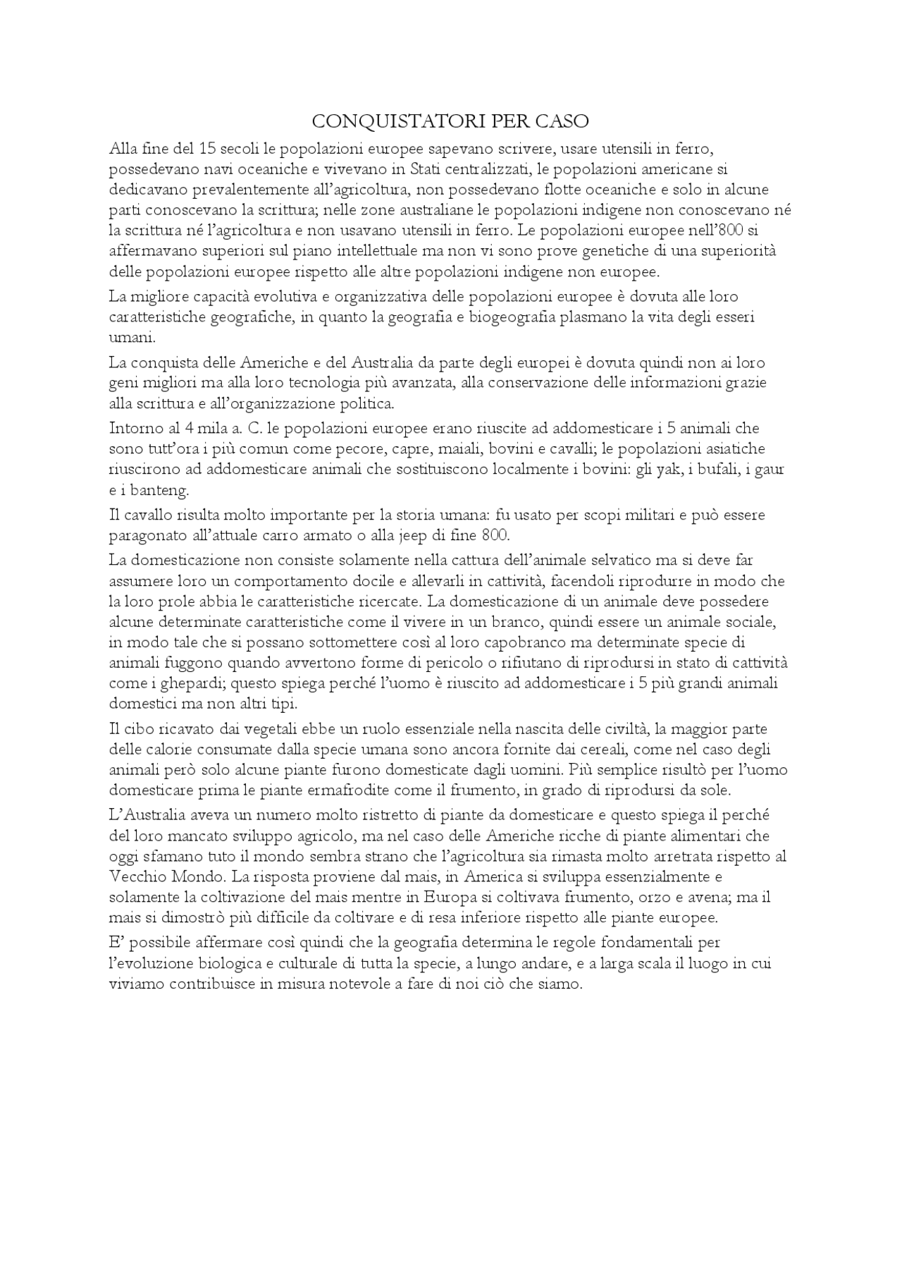 Riassunto Del Capitolo Conquistatori Per Caso Di Jared Diamond Docsity