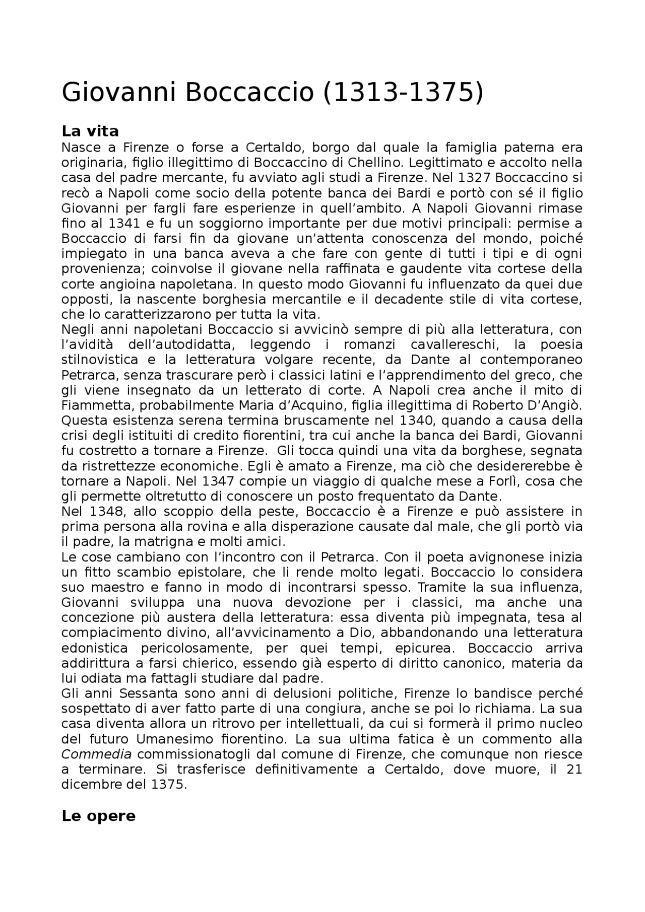 Riassunto vita Giovanni Boccaccio - Docsity