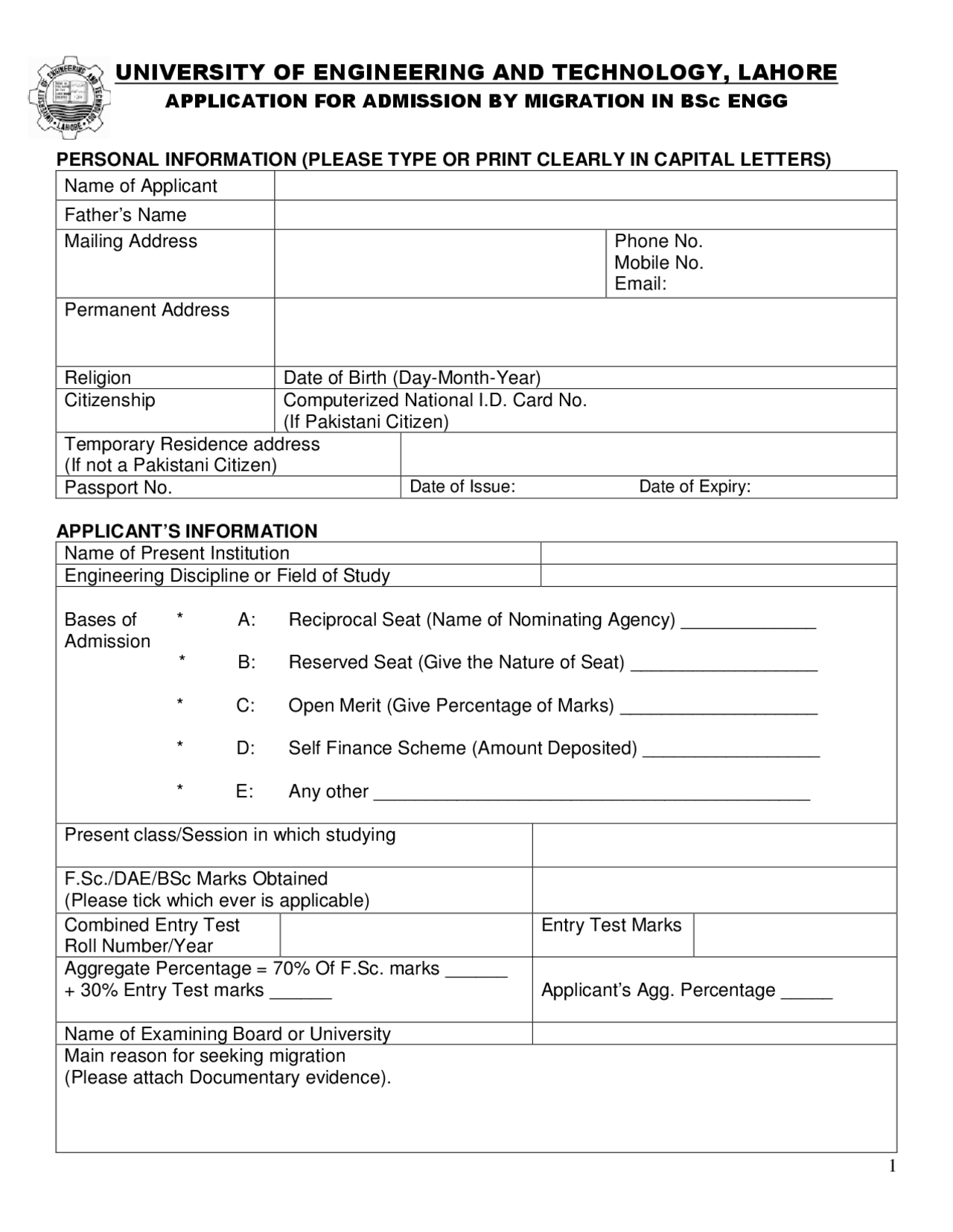 Migration Form of university - Docsity