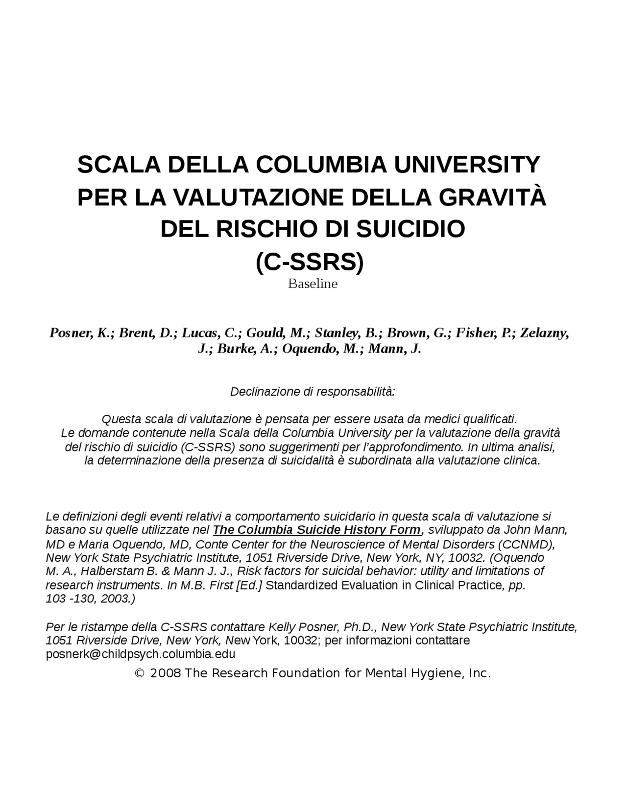 Test psicometrico C-SSRS italia - Docsity