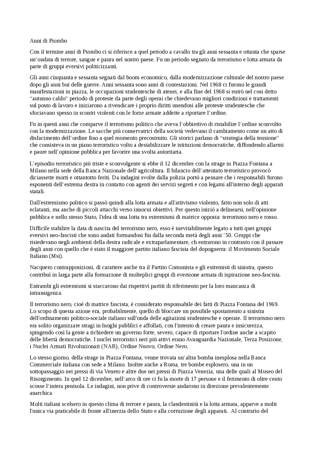 Anni Di Piombo Riassunto Esercizi Di Letteratura Italiana Docsity