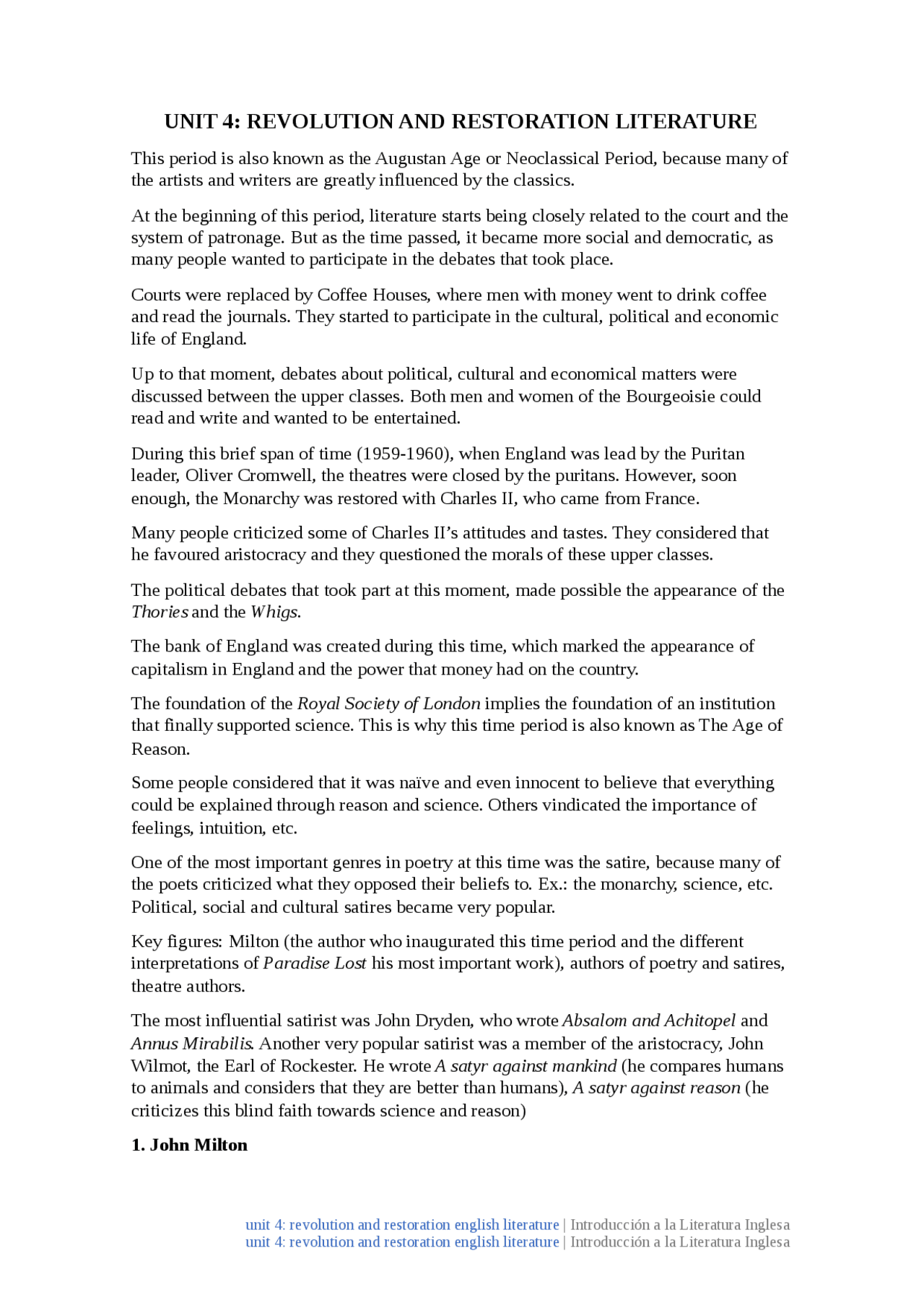 UNIT 4 - English Literature | Apuntes de Literatura inglesa | Docsity