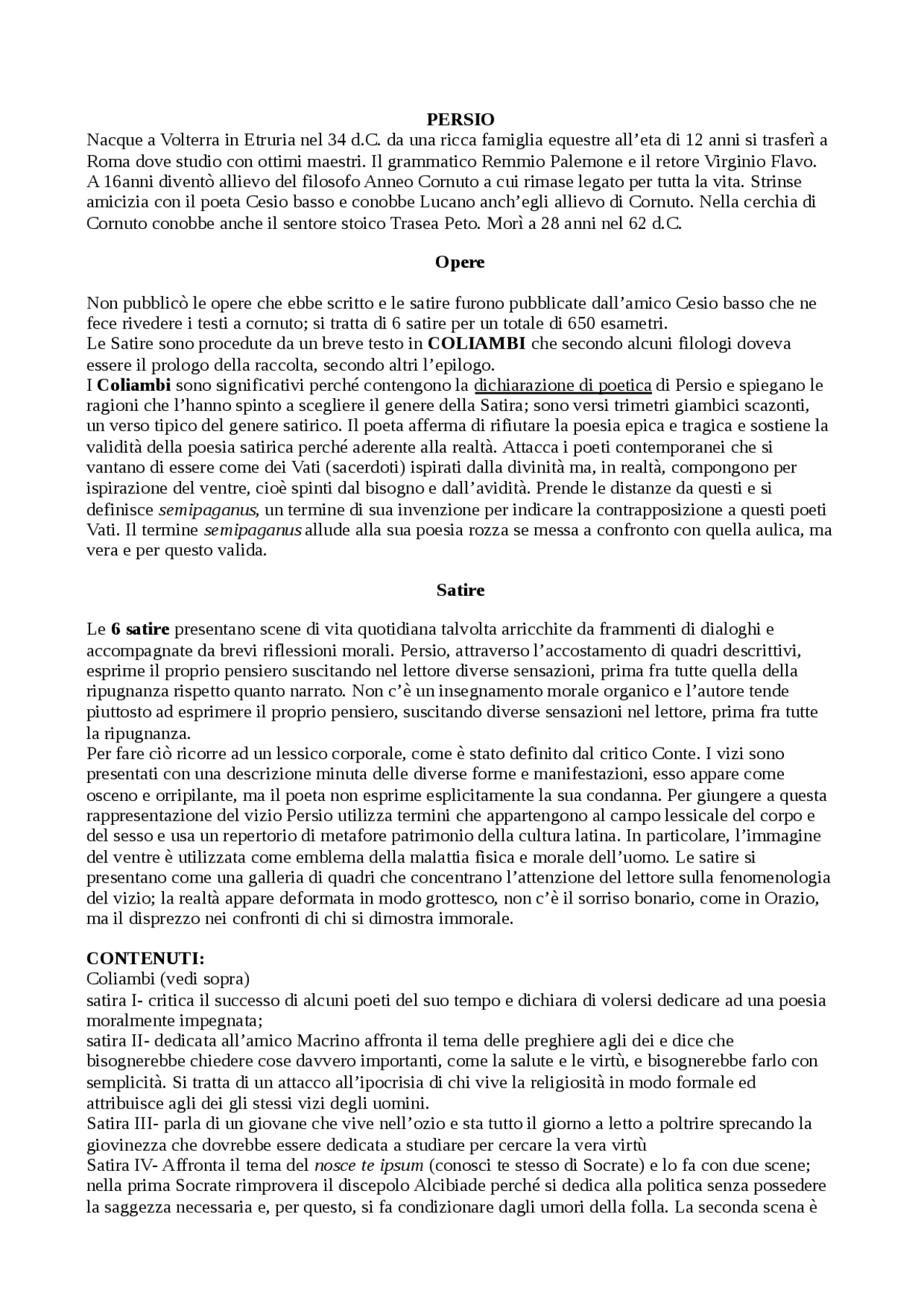 Schema Riassuntivo Su Persio Temi Di Latino Docsity