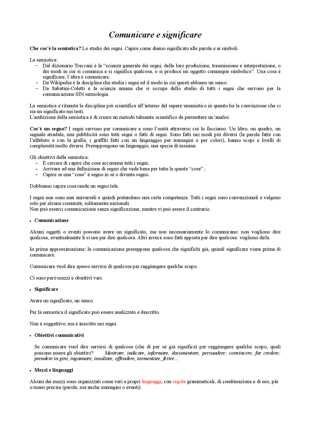 Comunicare e significare - 1° capitolo - Docsity