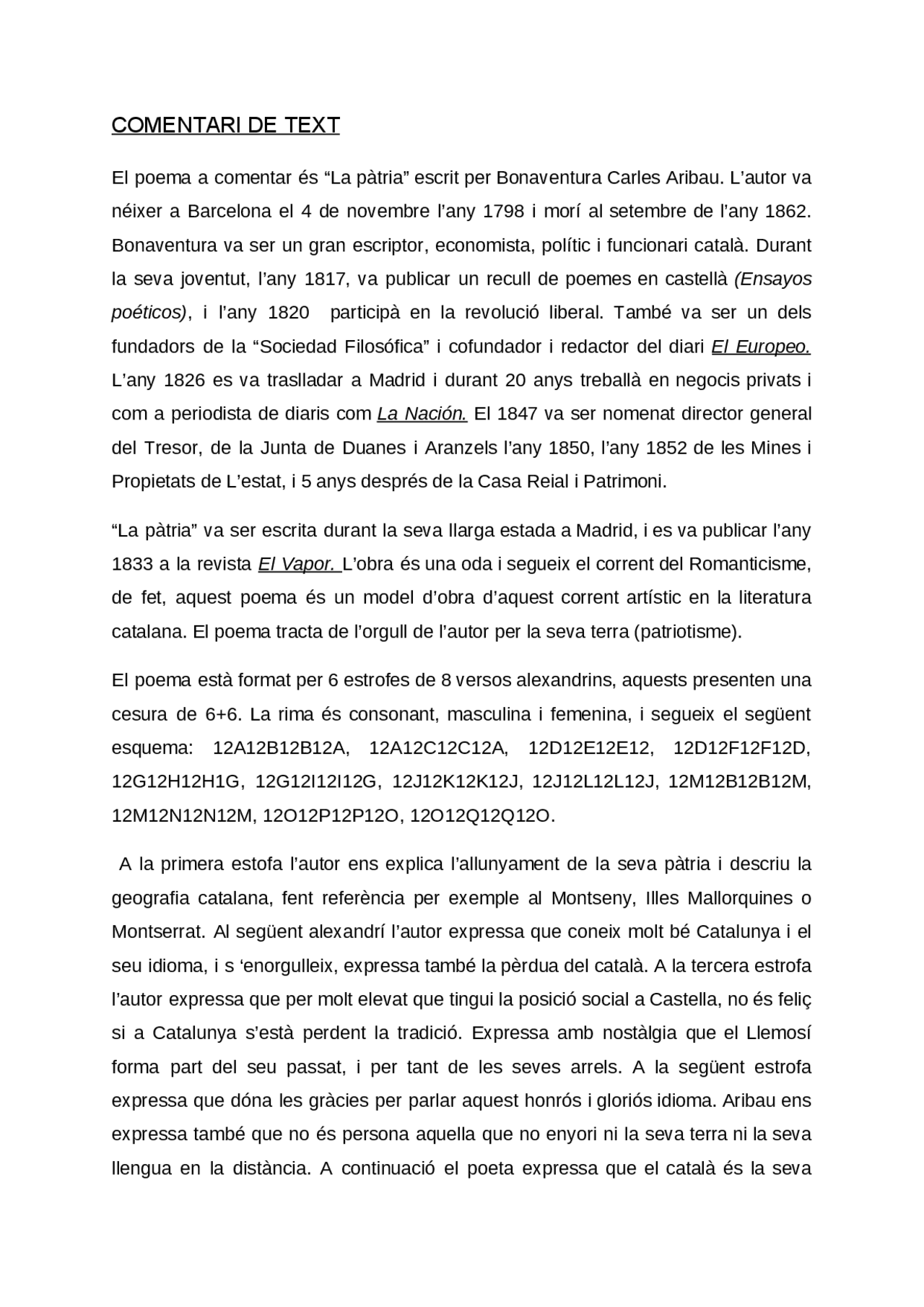 Comentari De Text La Patria Monografías Ensayos De Catalán Docsity