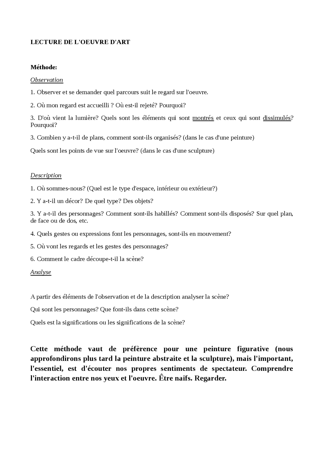 Le méthode pour lire une ouvre d'Art en français - Docsity