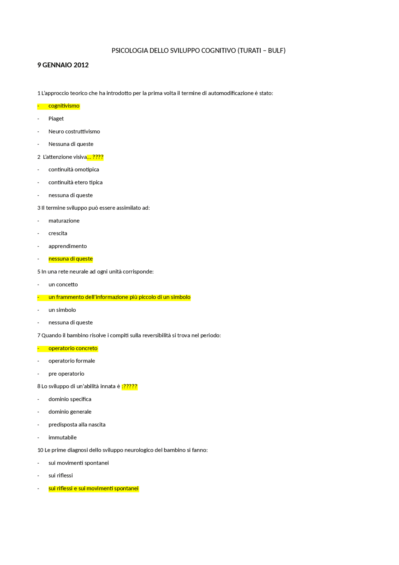 Domande Psicologia Cognitiva Docsity