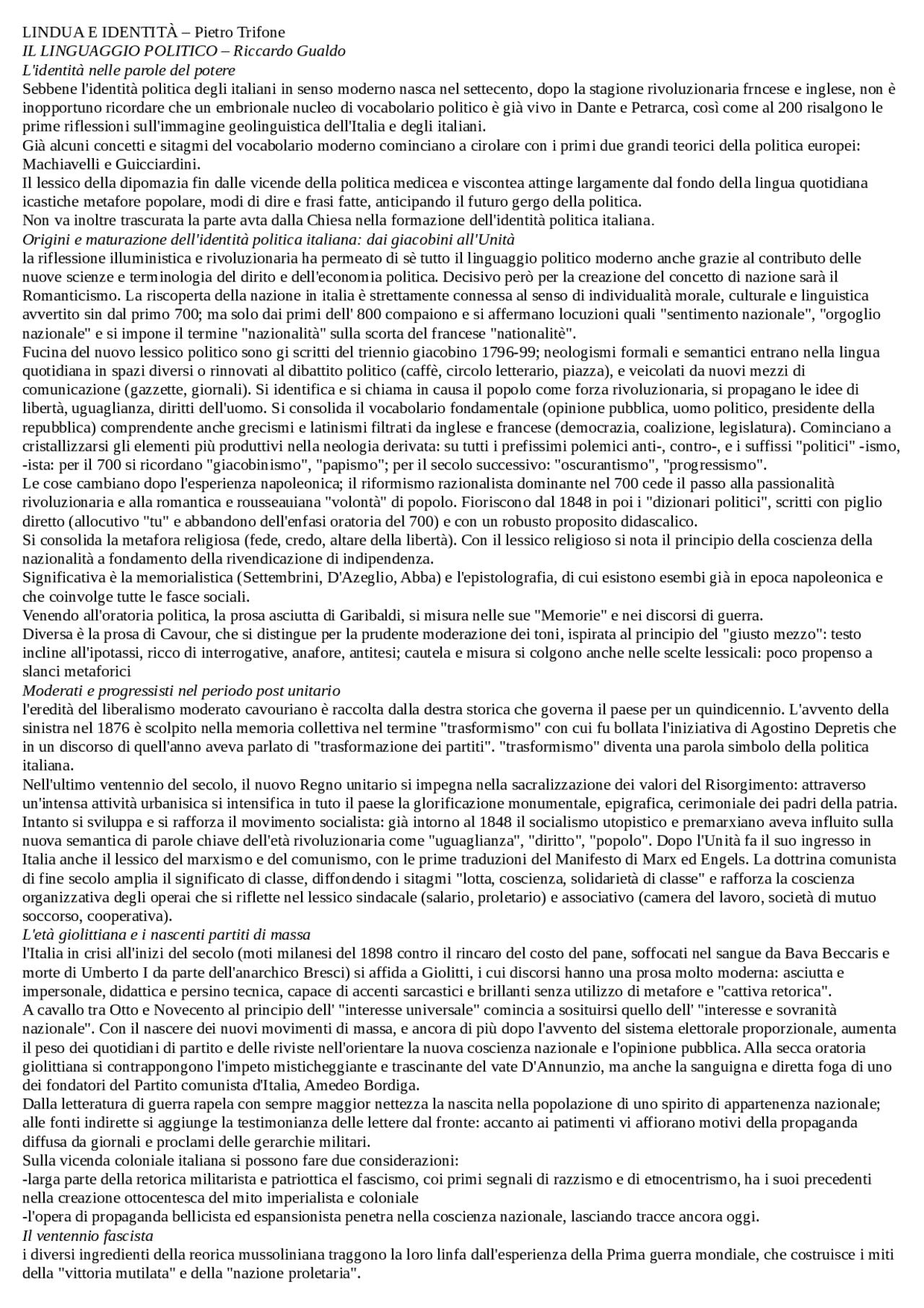 Lingua E Identità Pietro Trifone Docsity