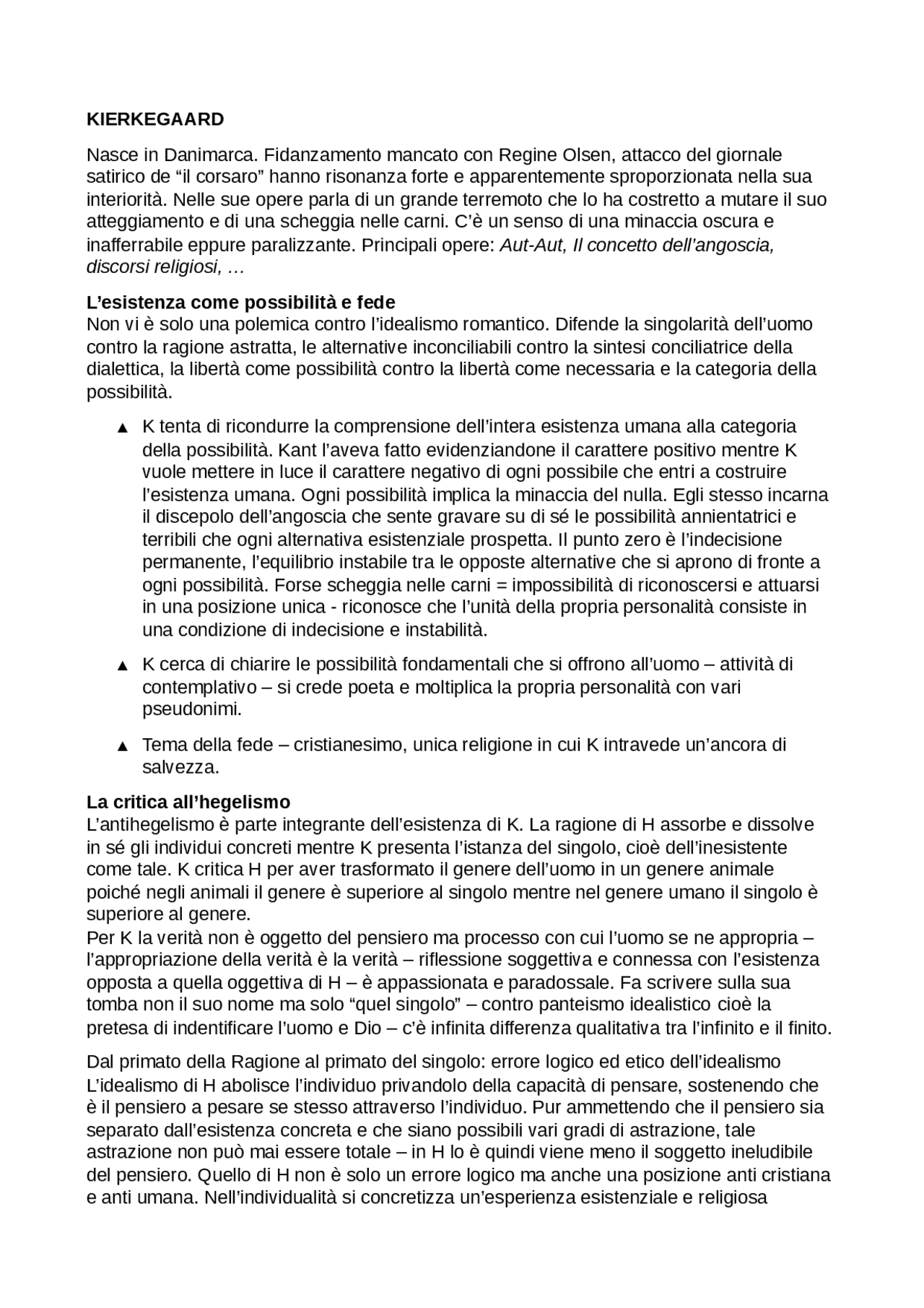 Schemi Kierkegaard Da La Ricerca Del Pensiero Abbagnano Fornero Docsity