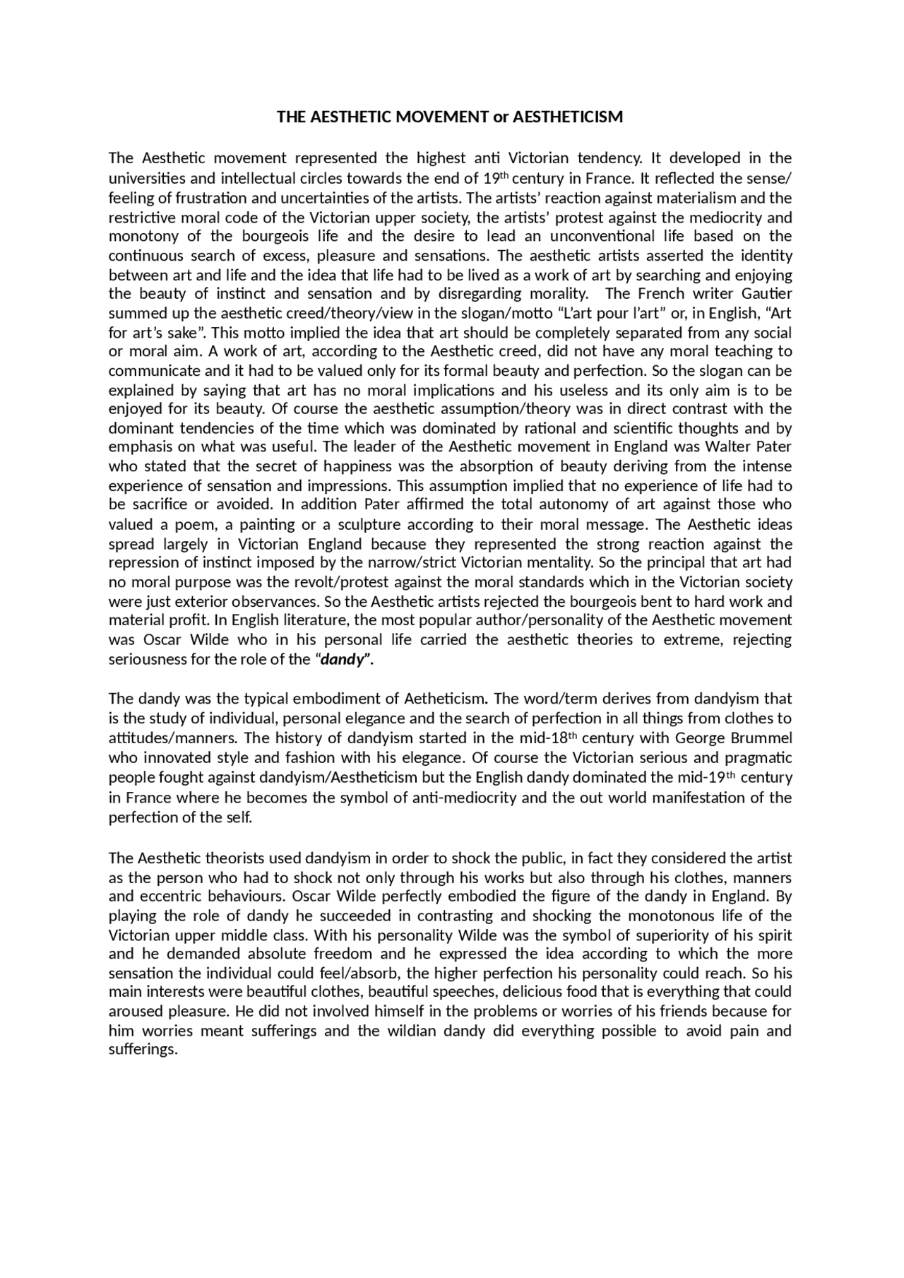 Appunti Aestheticism Docsity