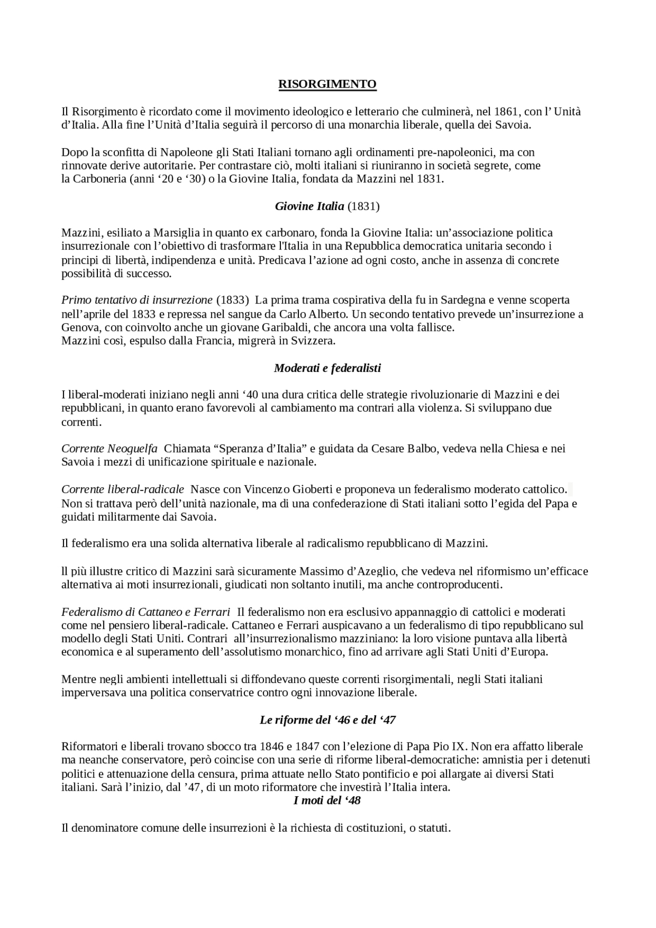 Risorgimento italiano e Unità d'Italia - Docsity
